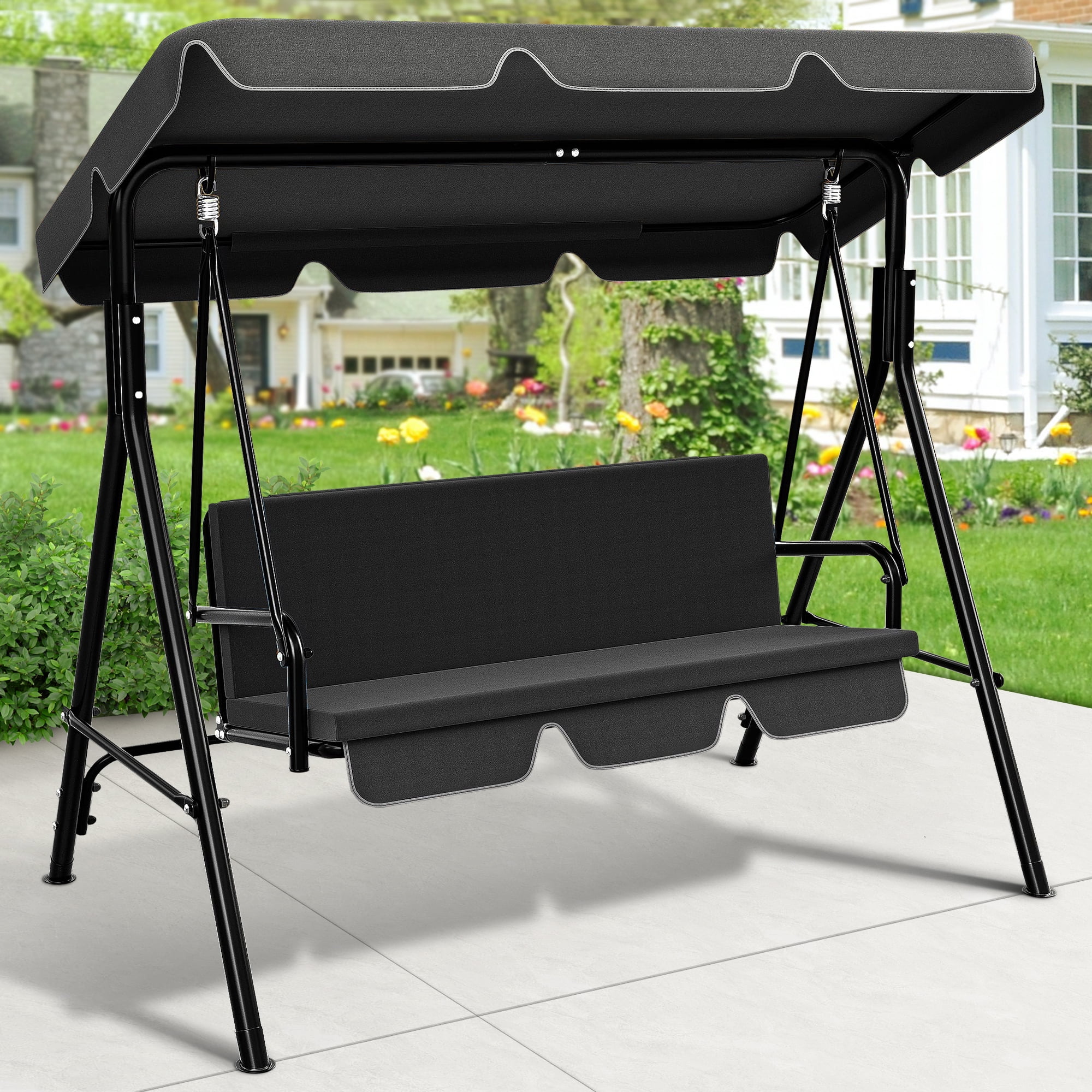 TY Arts & Culture Black 3-Seat Porch Swing With Backrest, Metal Stand ...