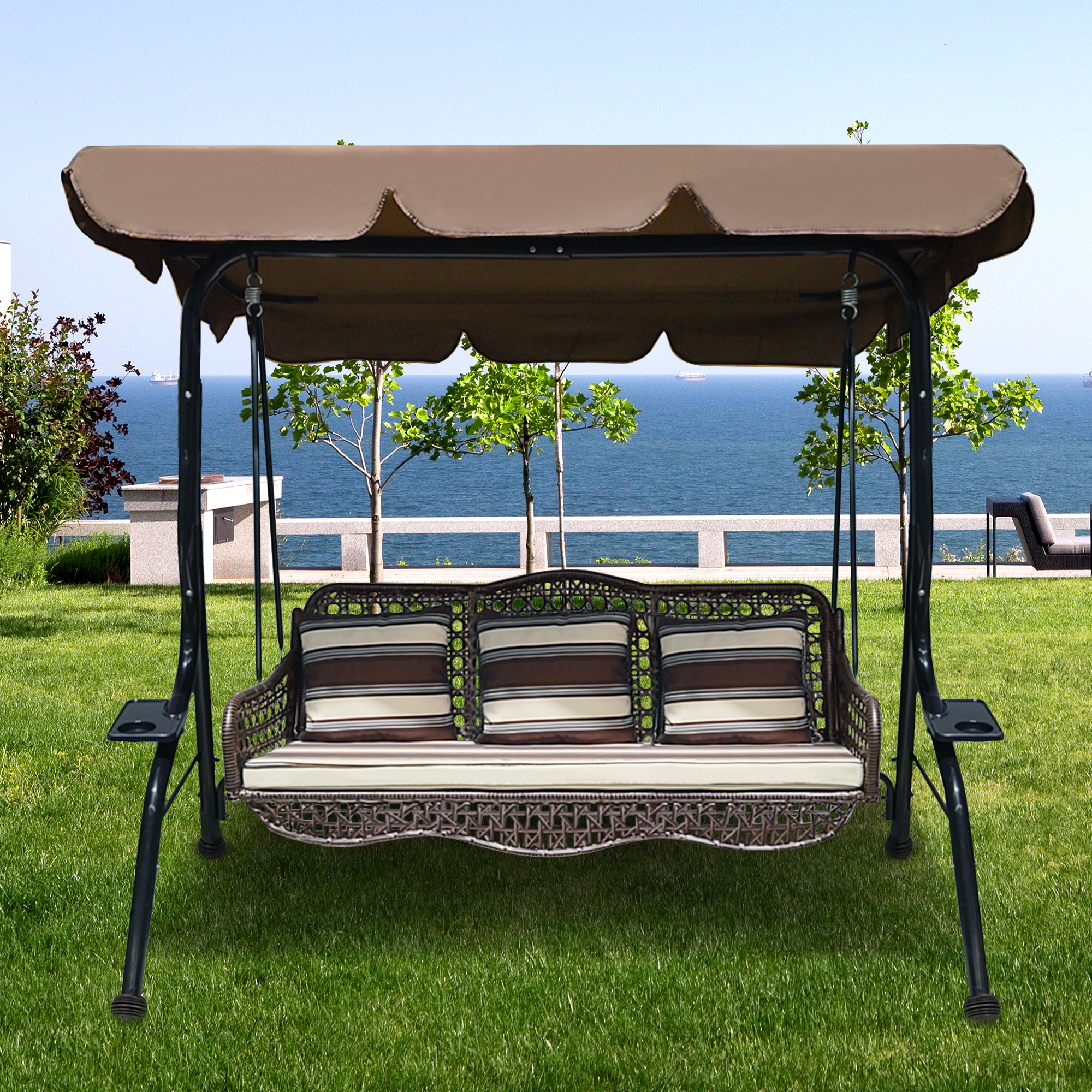 TY Arts Culture Brown 3 Seat Porch Swing With Backrest Metal Stand