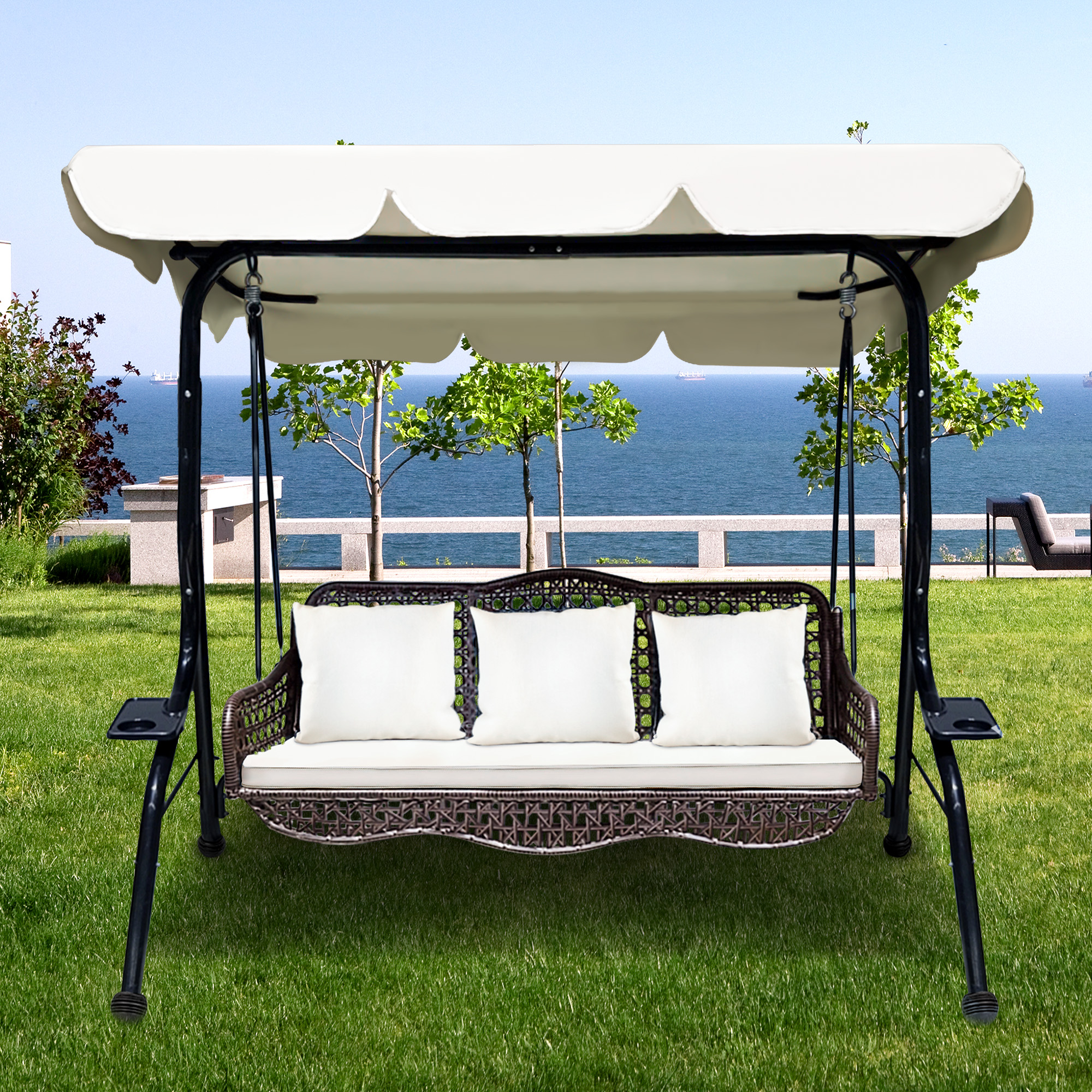 TY Arts & Culture White 3-Seat Porch Swing With Backrest, Metal Stand ...