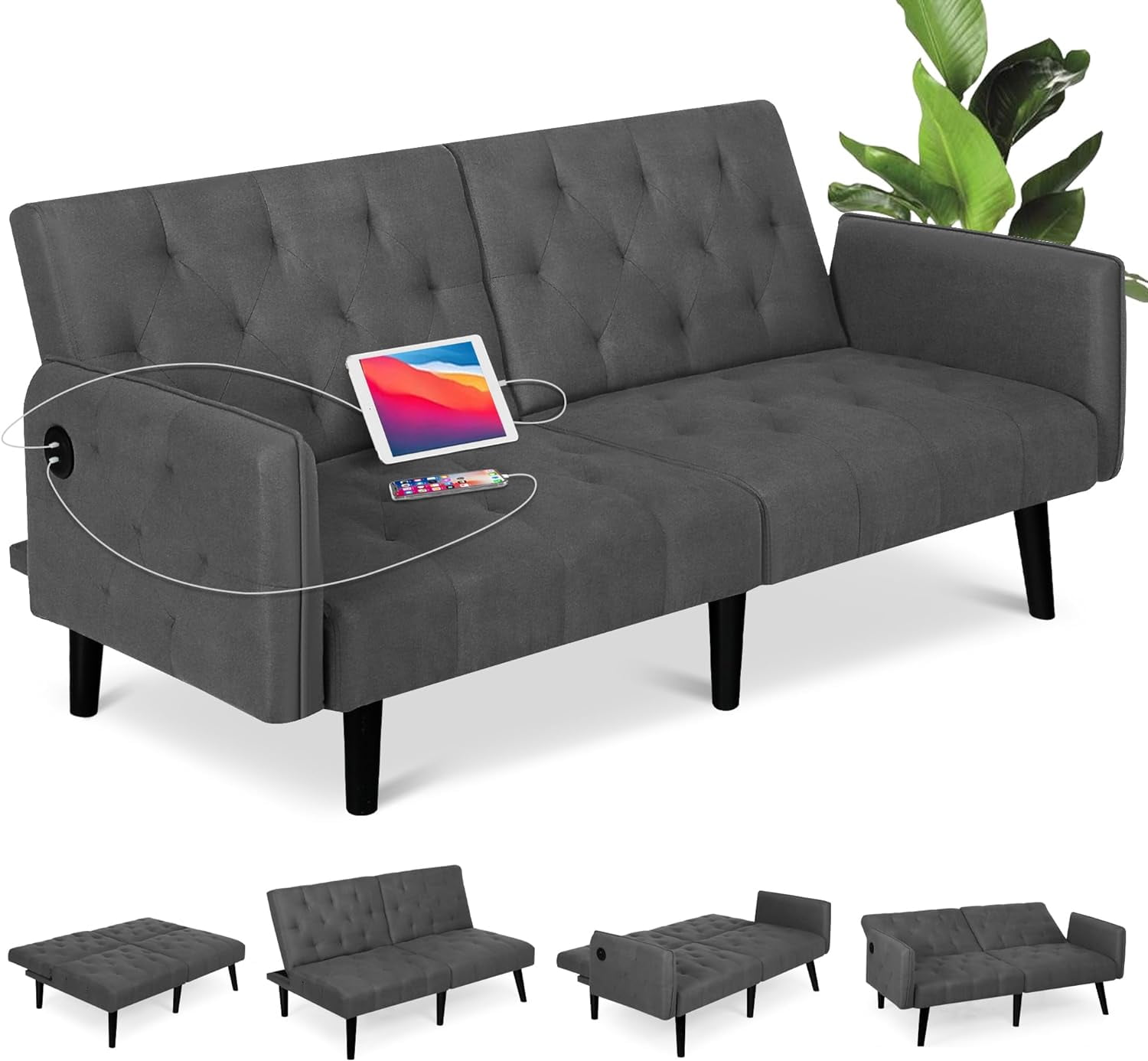 TYBOATLE 65“ Sofa Bed w/ 2 USB,Convertible Futon Tufted Small ...