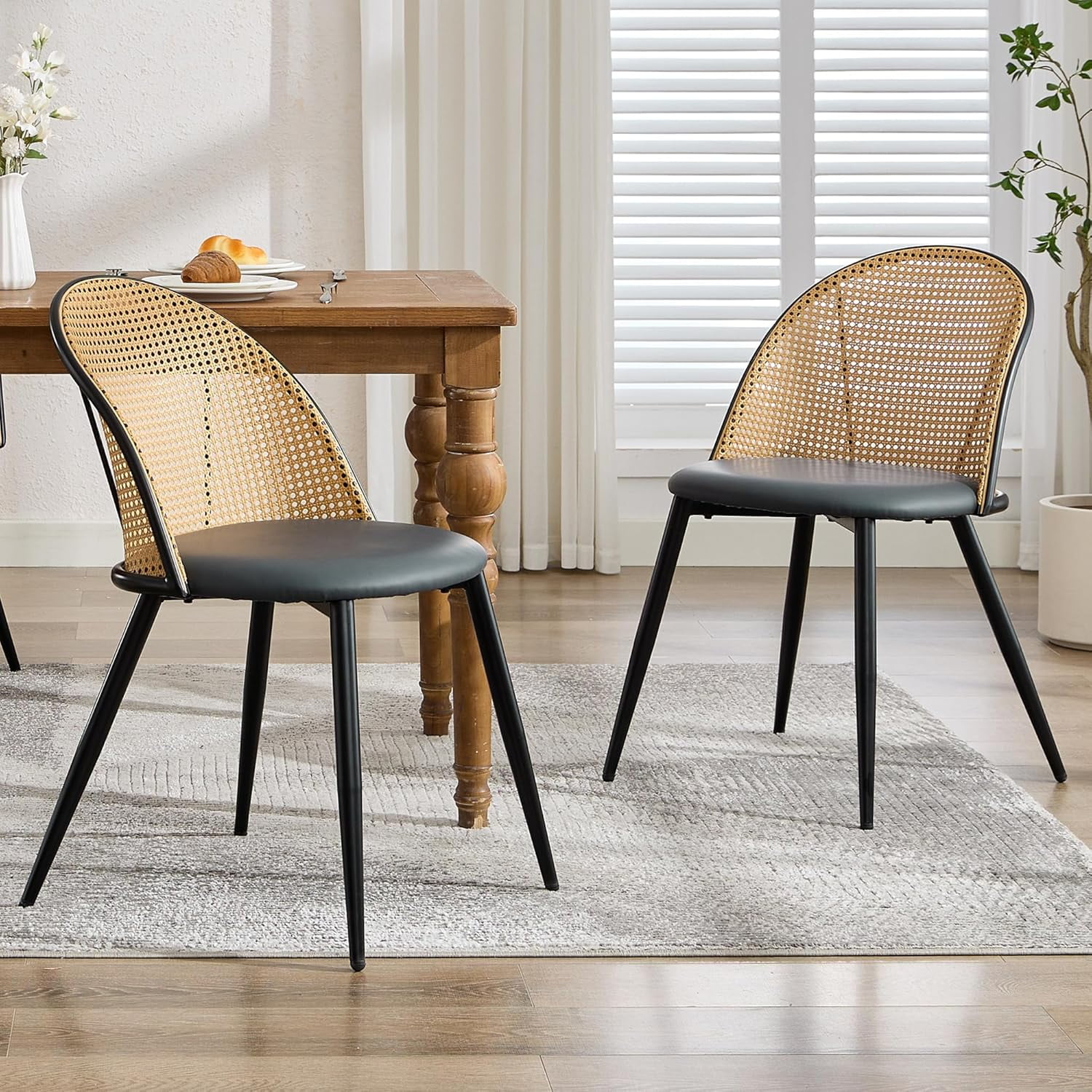 TYBOATLE Rattan Dinner Chairs Set of 2 with Faux Leather Cushion ...