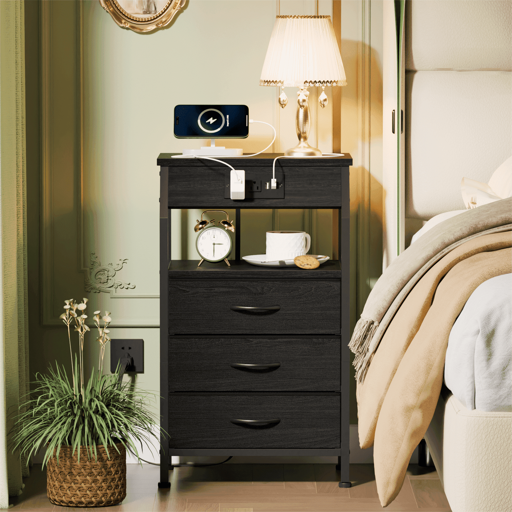 TYDIMOR Nightstand Bedside Table with Charger Station, 3 Drawer Dresser ...