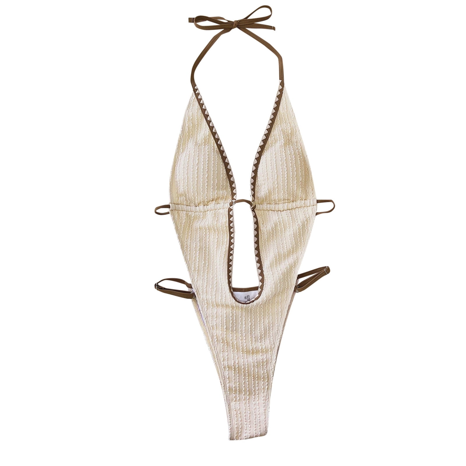 TYGHBN Bikini White and Coffee Color Block Hollow Out Strappy Swimsuit ...