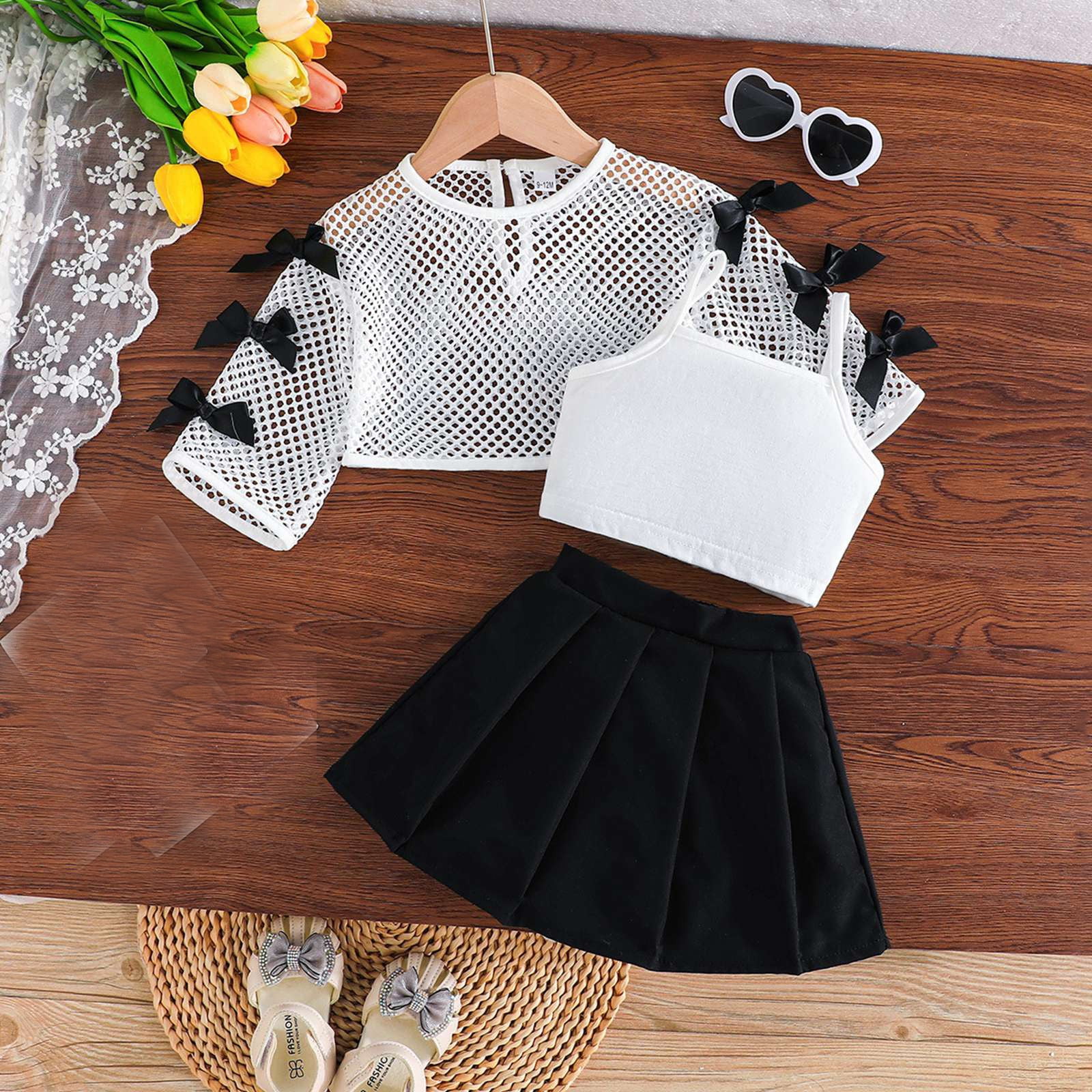 TYGHBN Girl's 3 Piece Outfit Fishnet Round Neck Long Sleeve Crop Tops ...