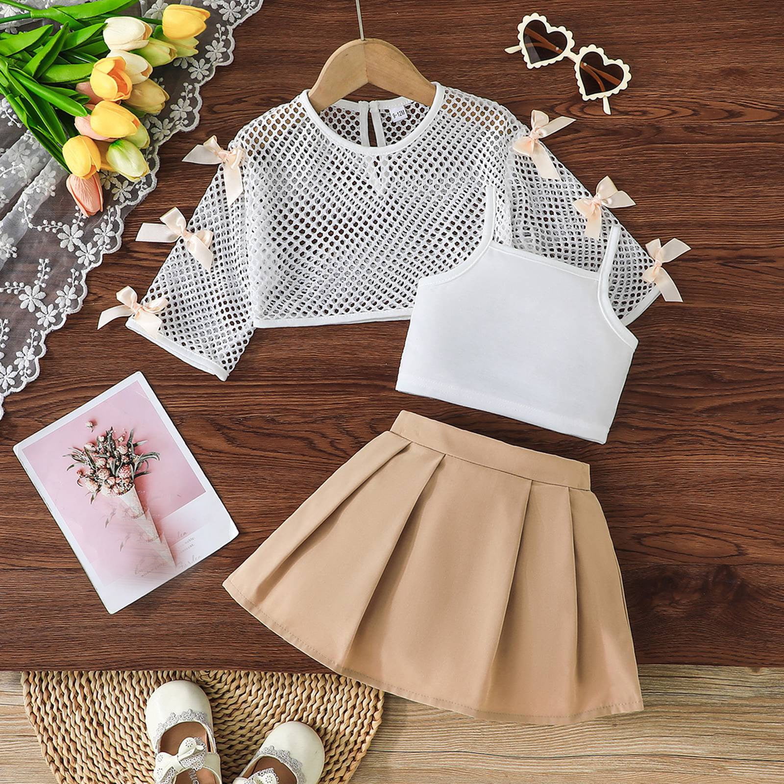 TYGHBN Girl's 3 Piece Outfit Fishnet Round Neck Long Sleeve Crop Tops ...