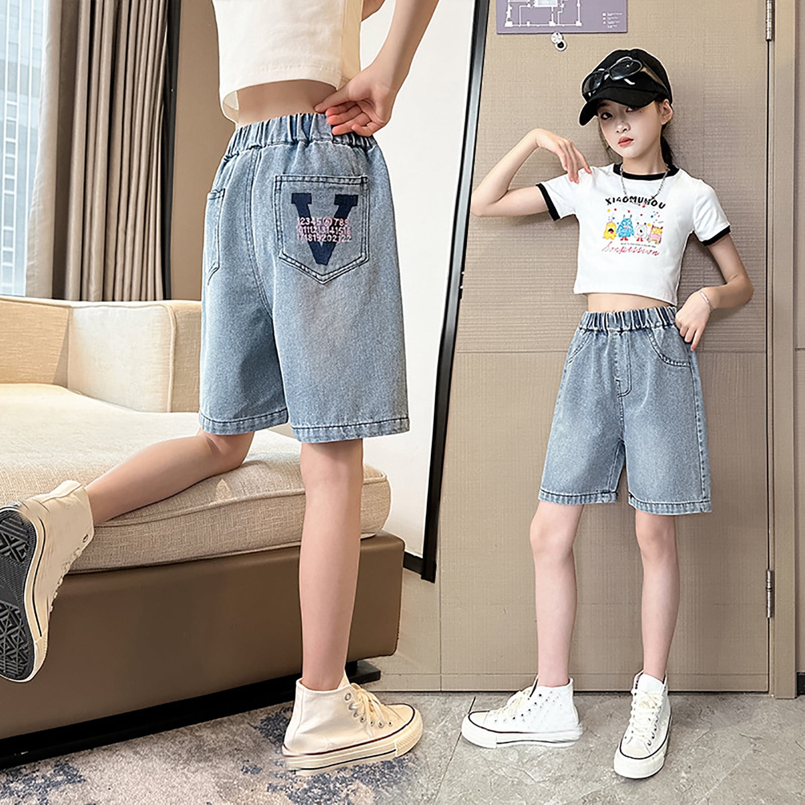 TYGHBN Girl's Casual Elastic High Waist Denim Shorts with Pocket Denim ...