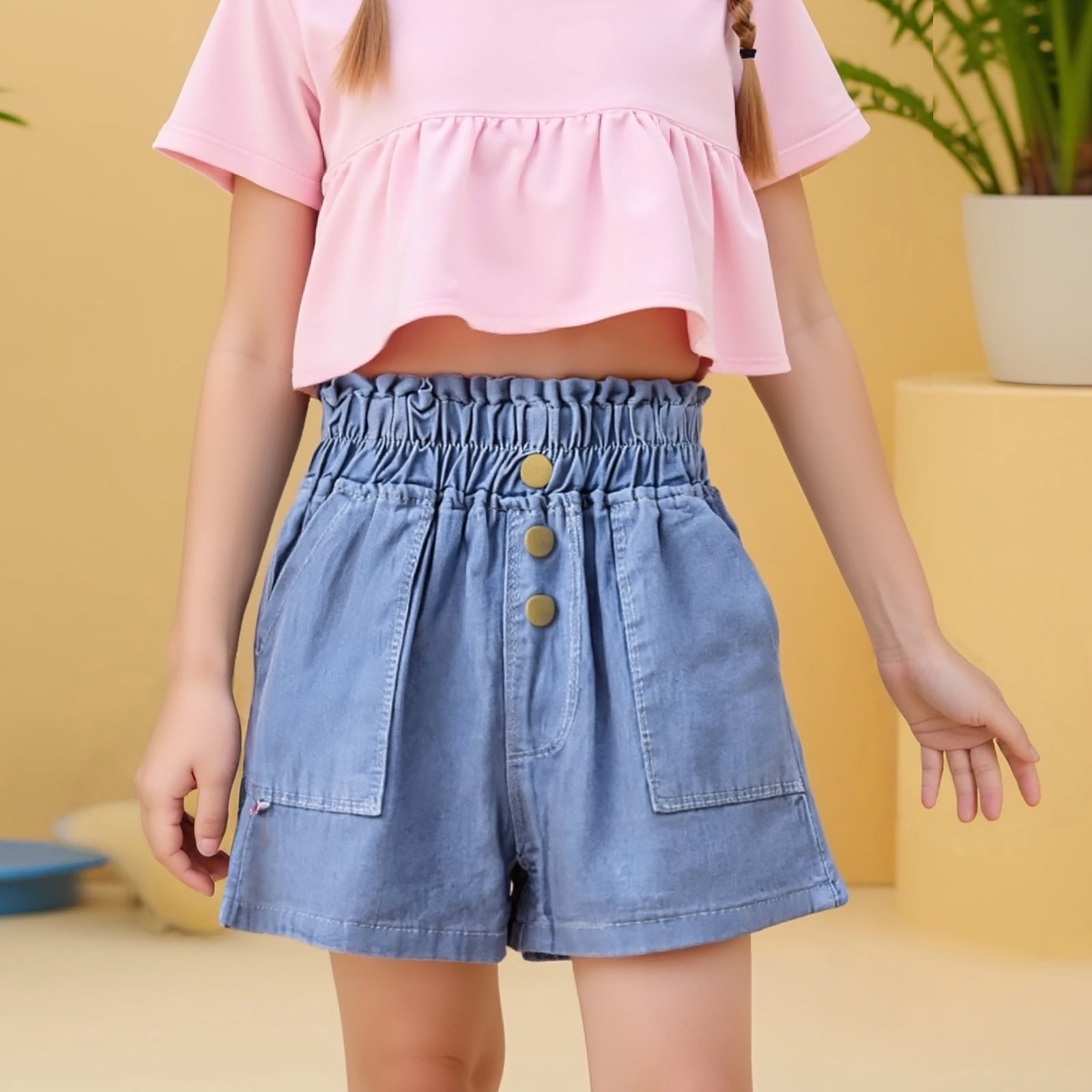 TYGHBN Girls Denim Shorts with Bow Flower Decorations Stretchy Elastic ...