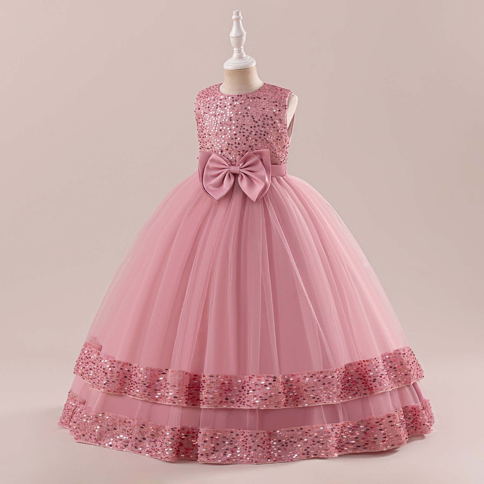 TYGHBN Girls' Sequined Bow Evening Gown Long Sleeve Party Dress for ...