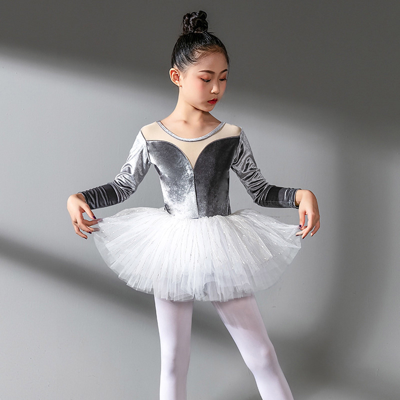 Kid Girls Ballet Dance Dress Lace Longt Sleeve Leotards with Removable ...