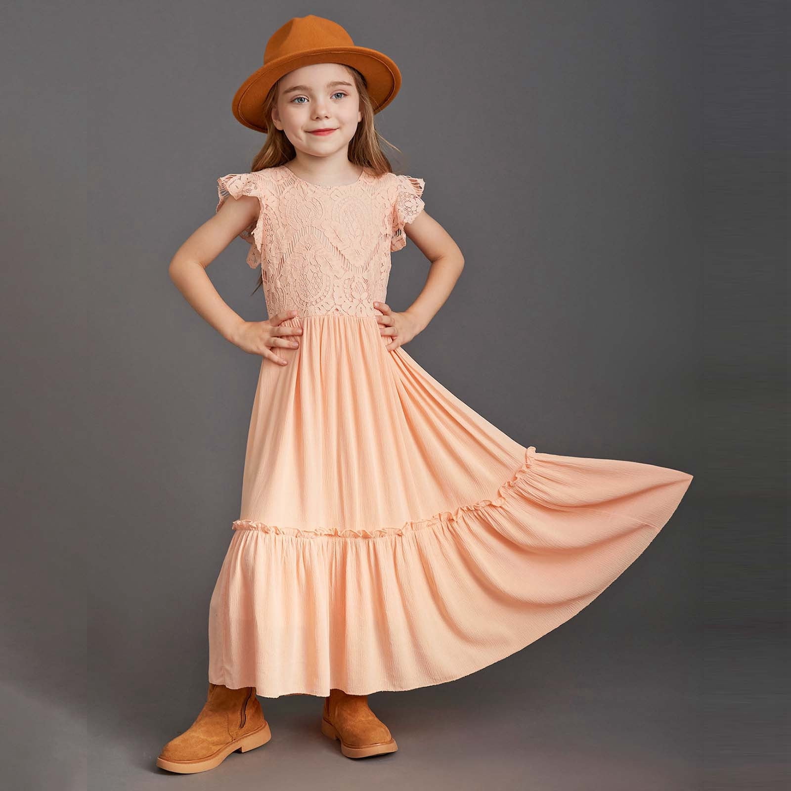 TYGHBN Kids Toddler Girls Solid Color Party Dress Short Sleeve ...