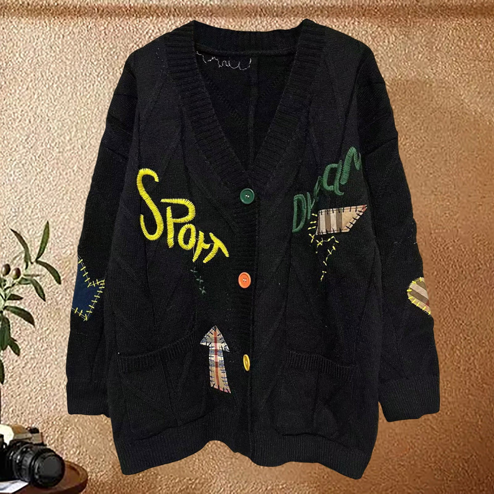TYGHBN New Letter Design Relaxed Sweater Coat Plaid Open Front Sweaters ...