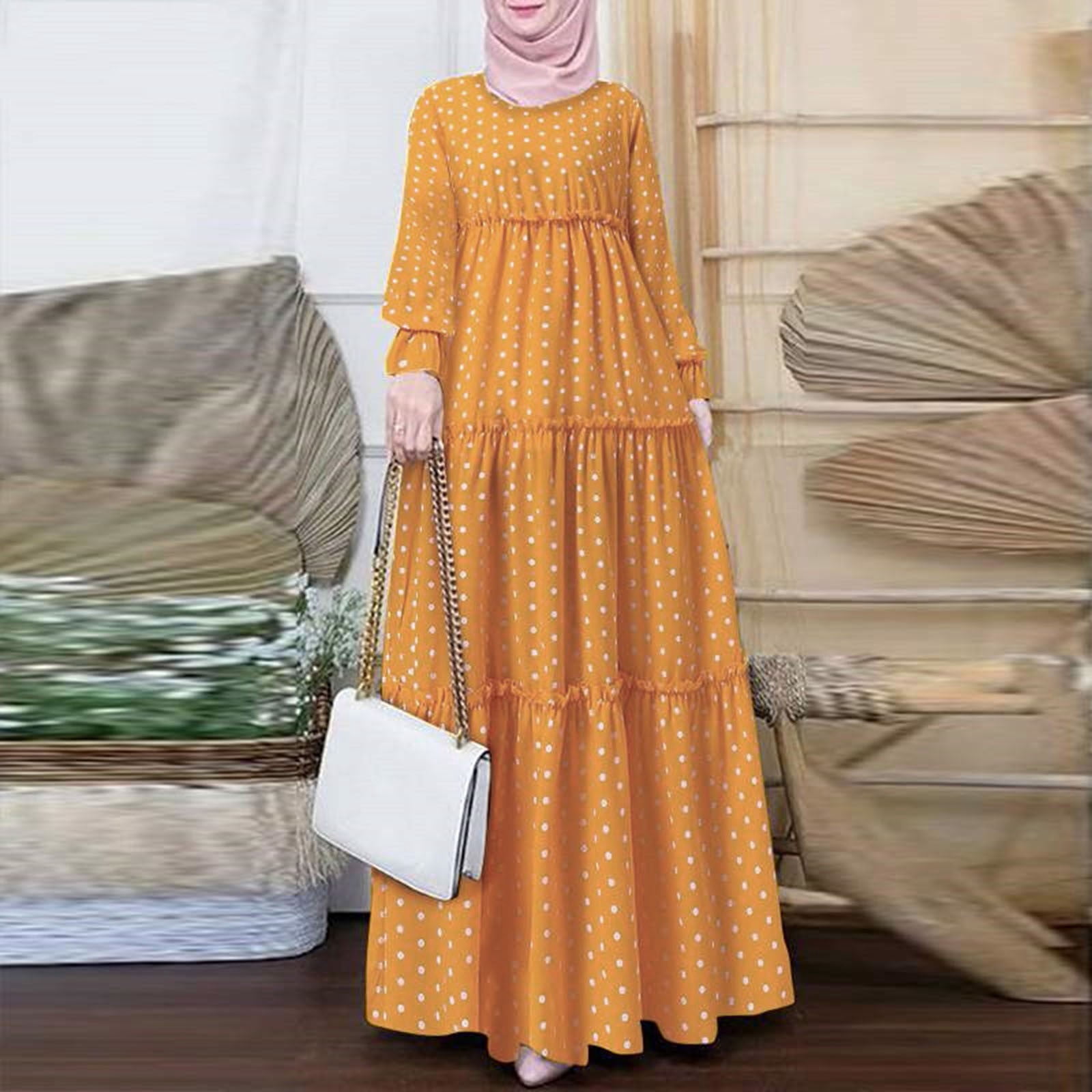 TYGHBN Women Bohemian Polka Dot Print Dress Long Sleeves Prayer Clothes ...
