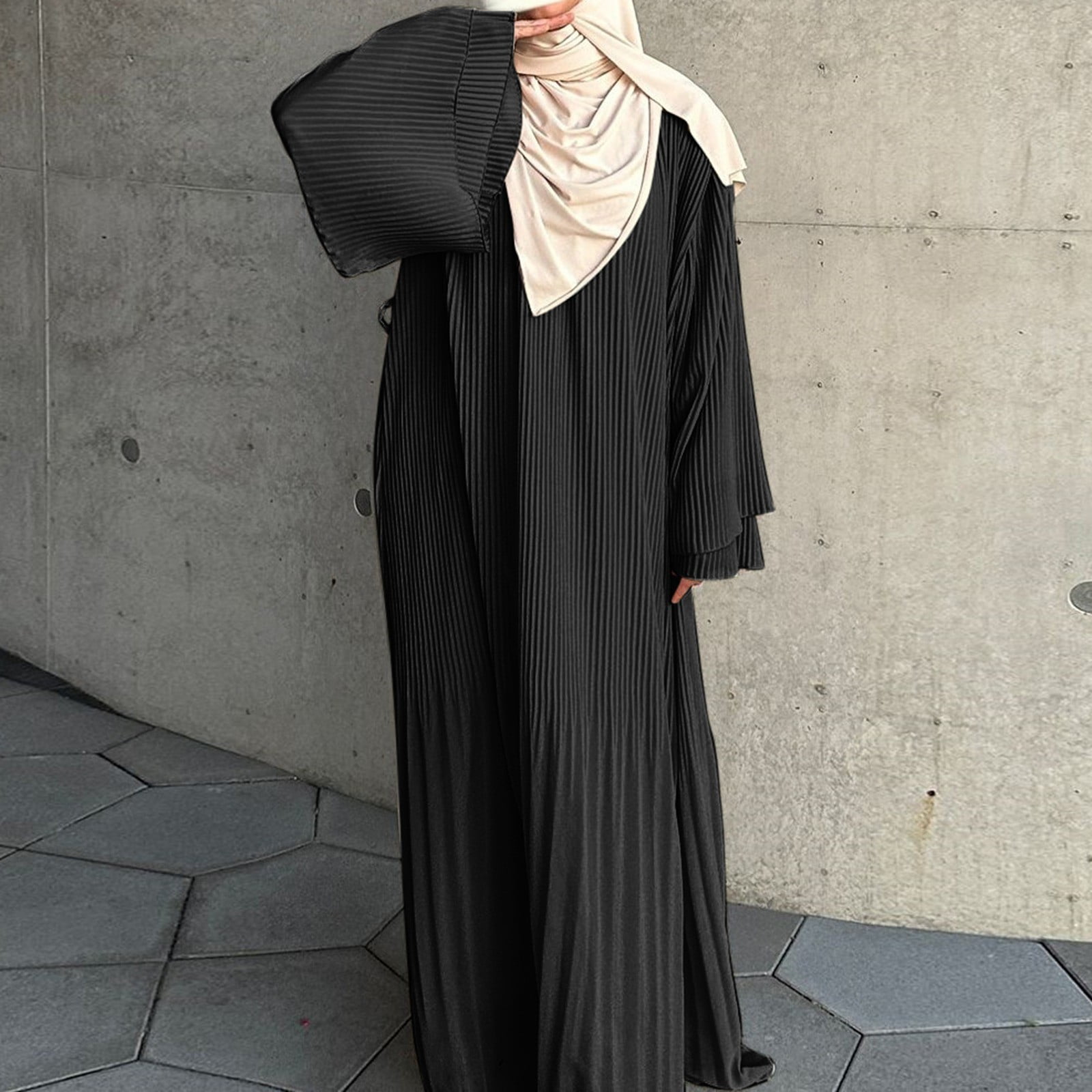 TYGHBN Women Dubai Pullover Robe Chiffon Pleated Middle Solid Color ...