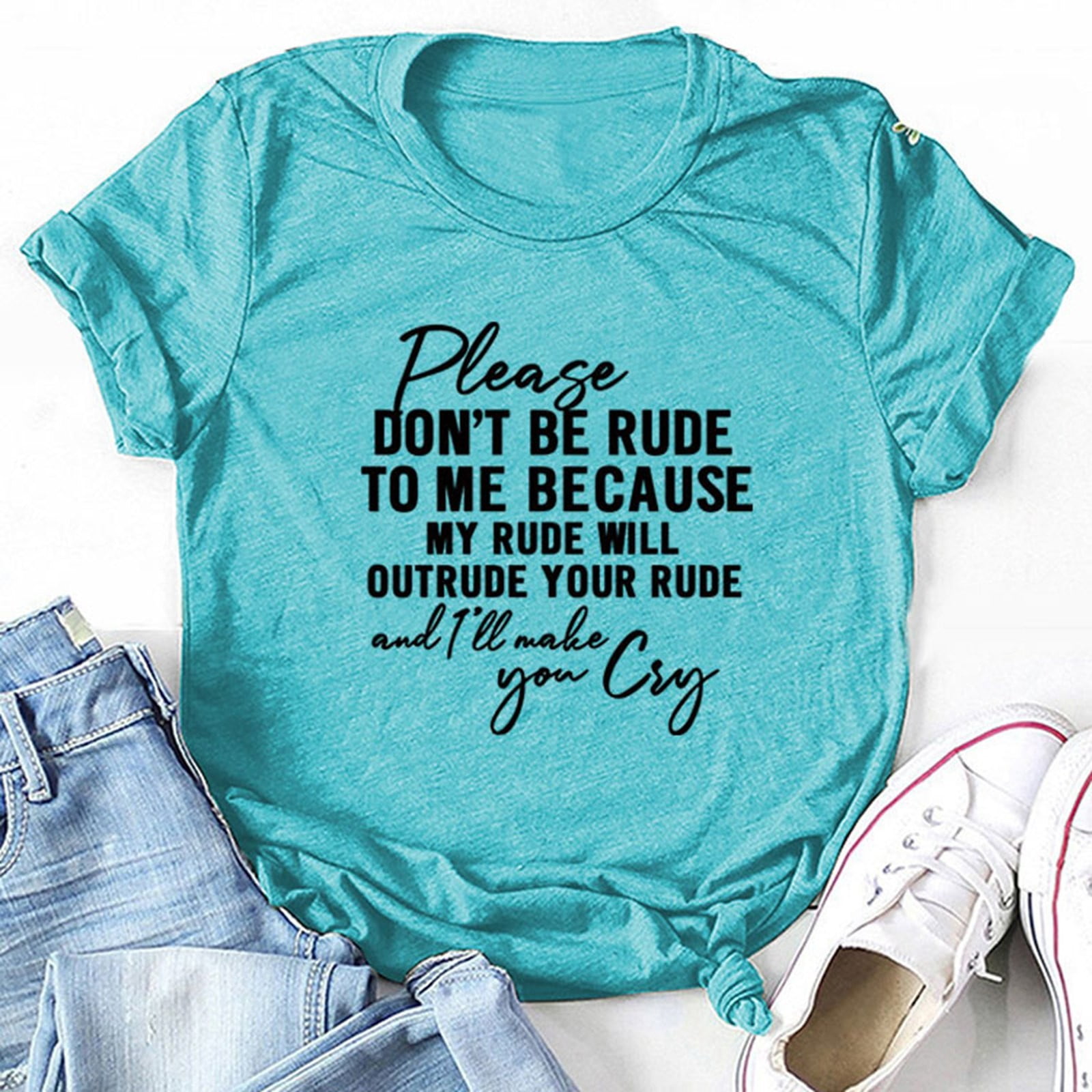 TYGHBN Women Please Don't Be Rude Lettering Print Round Neck Short ...