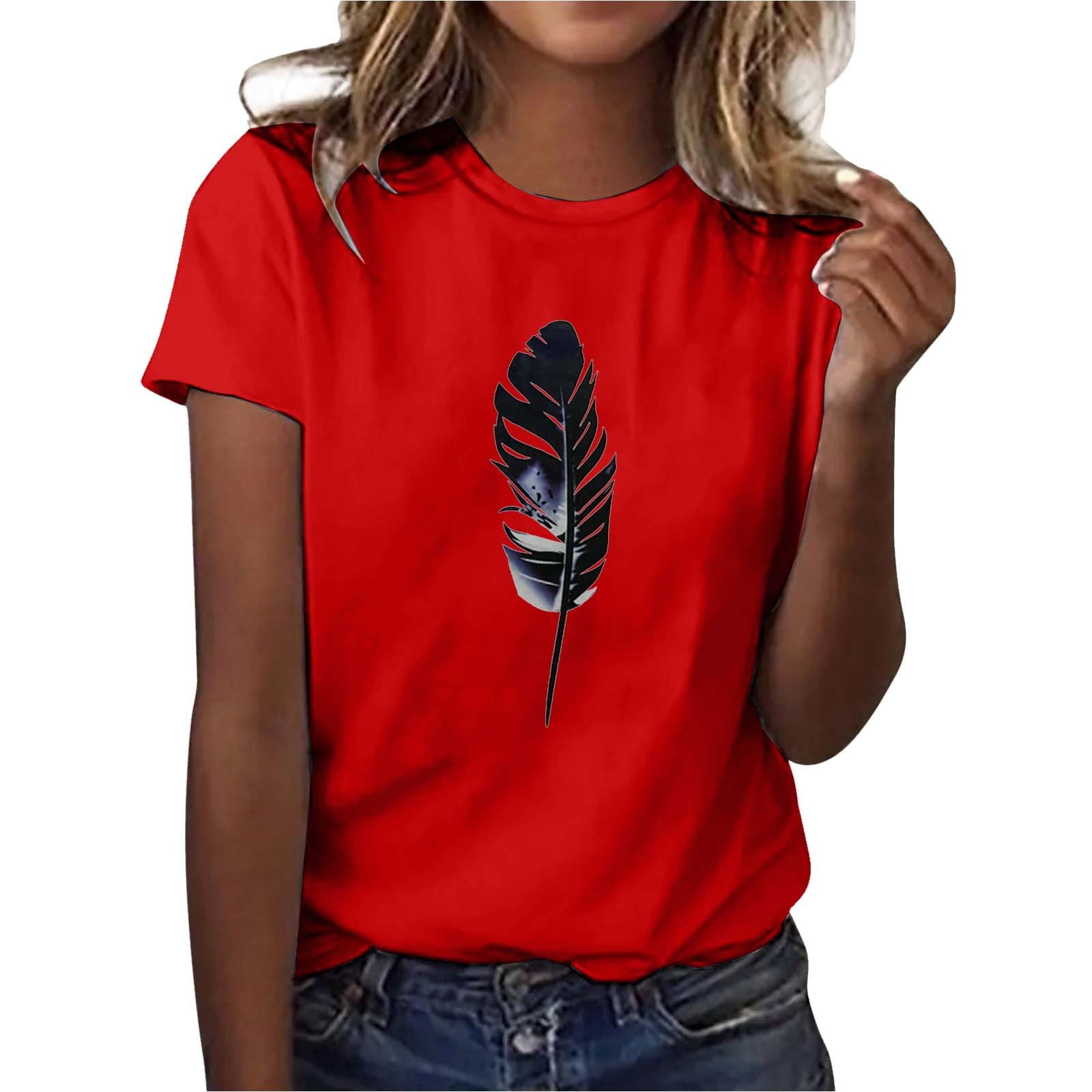 TYGHBN Women's Fashion Casual Spring/Summer Round Neck 3d Feather Print ...