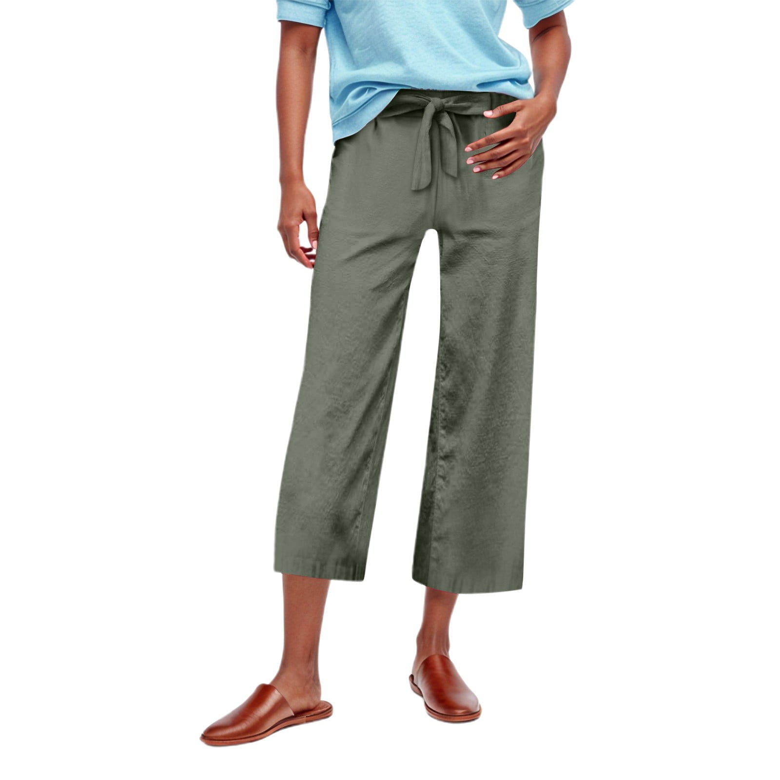 TYGHBN Women's Linen High Waisted Drawstring Culotte Pants Summer ...