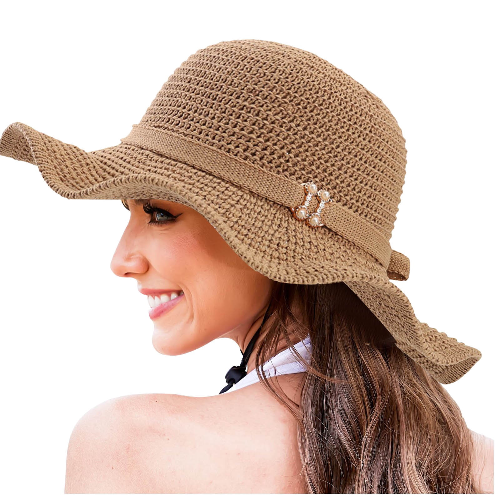 TYGHBN Womens Hat Summer Sun Hat Beach Tourism Hat Ruffle Edge Bow Sun ...