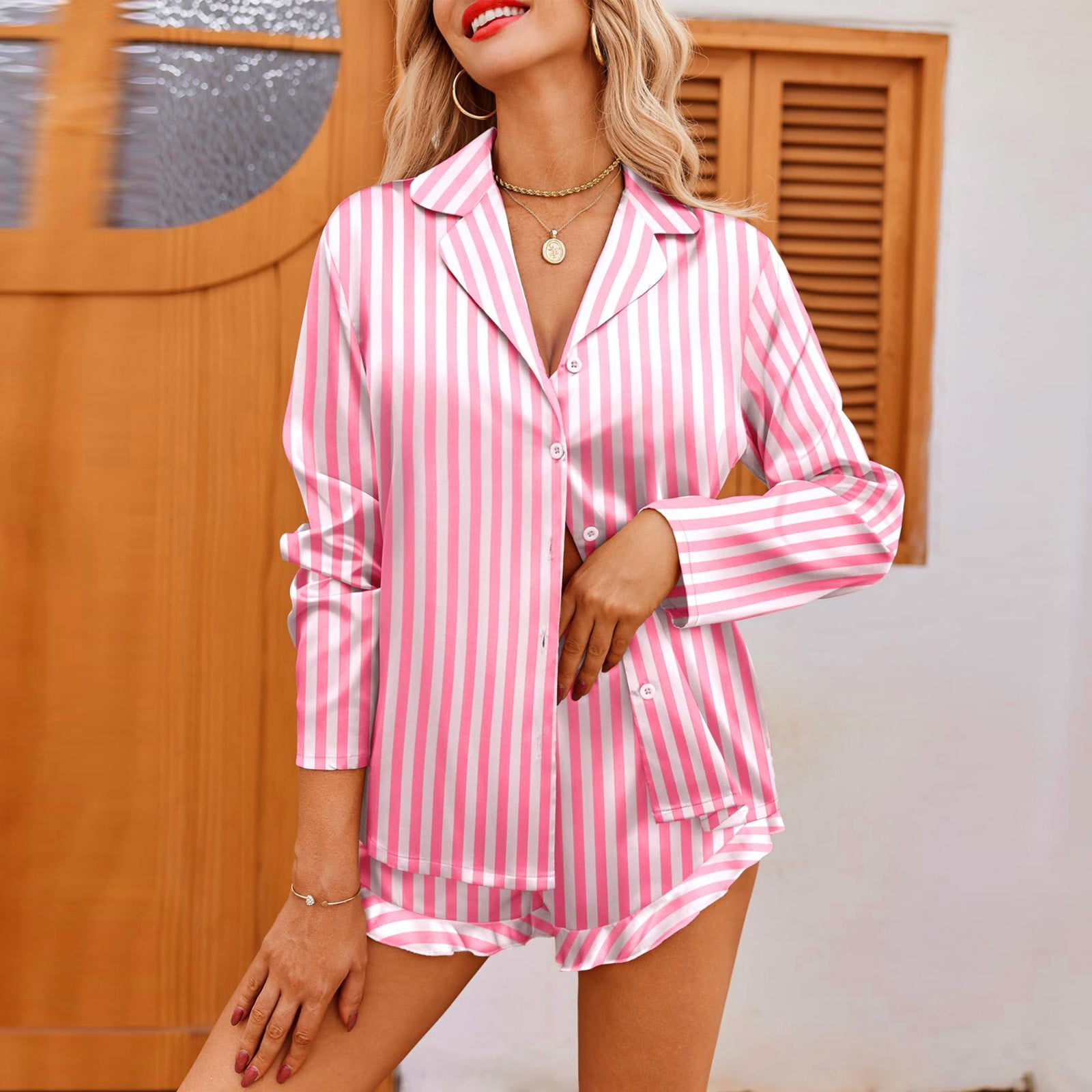TYGHBN Womens Satin Pajama Sets Long Sleeve Top and Shorts Set Button ...