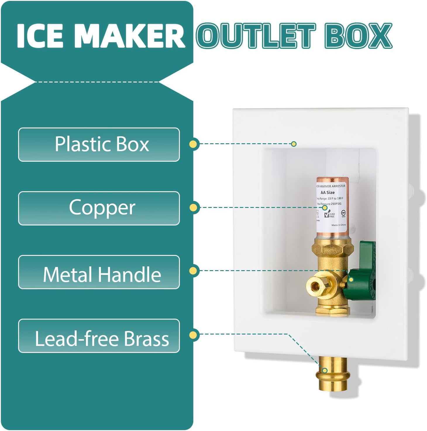 TYHREF-1-Pack Ice Maker Outlet Box, 1/2 Inch Copper Press Inlet, Ice ...