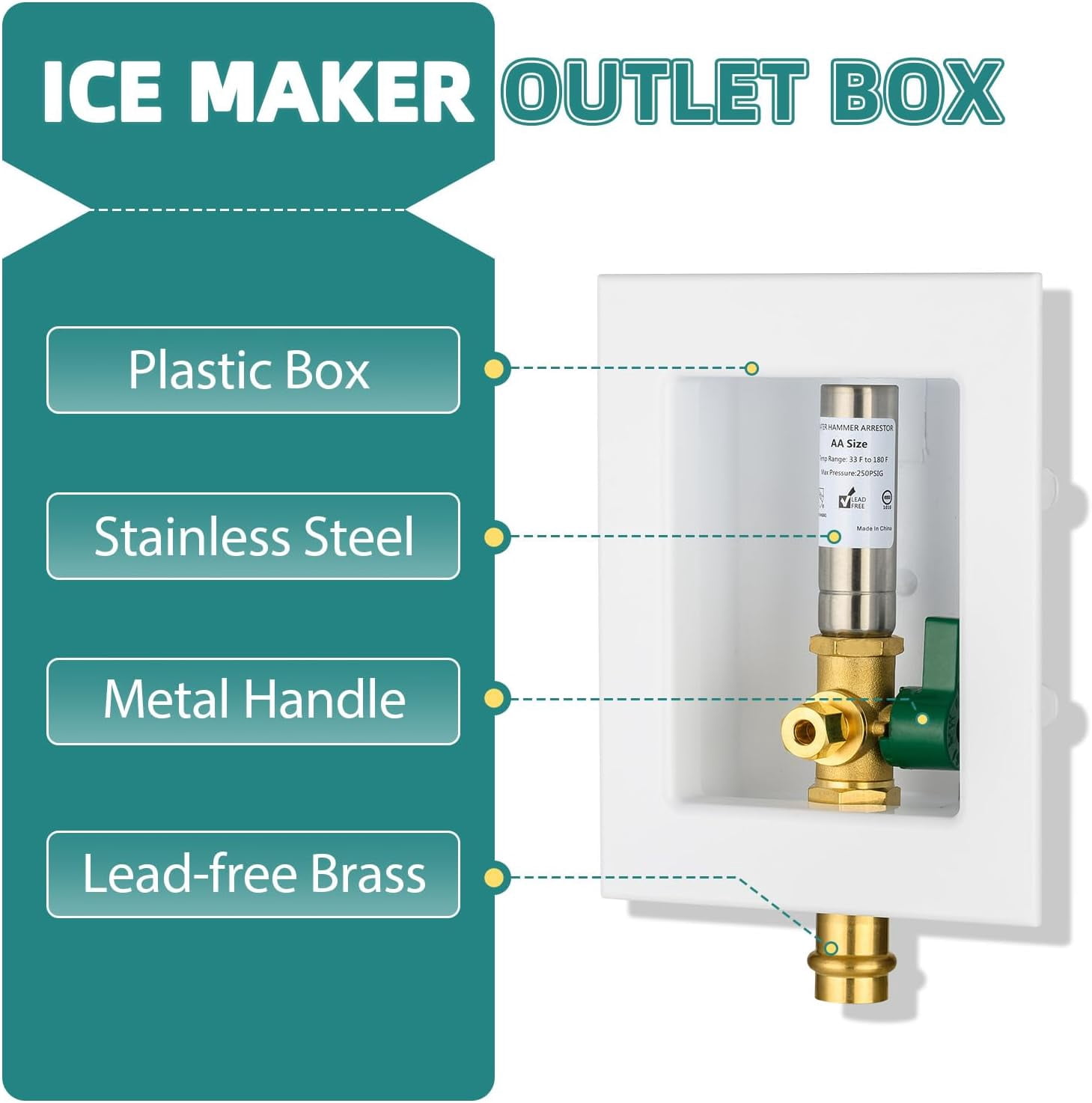 TYHREF-1-Pack Ice Maker Outlet Box, 1/2 Inch Copper Press Inlet, Ice ...