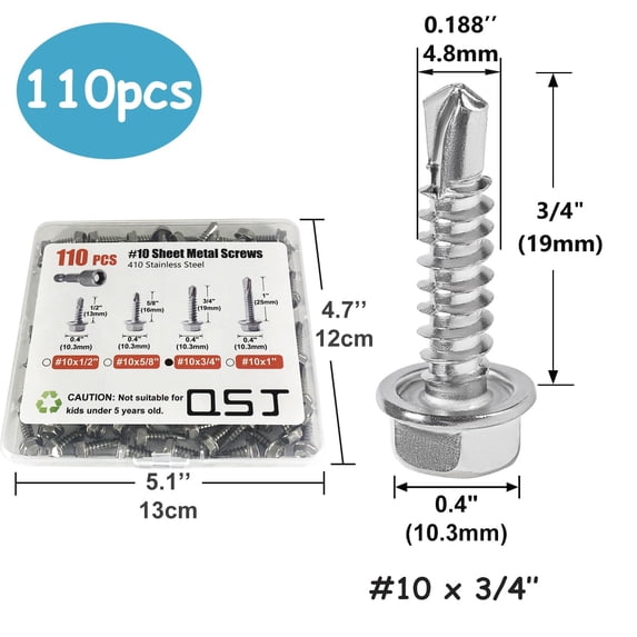 TYHREF-110PCS #10 x 3/4'' Sheet Metal Screws 410 Stainless Steel Hex ...