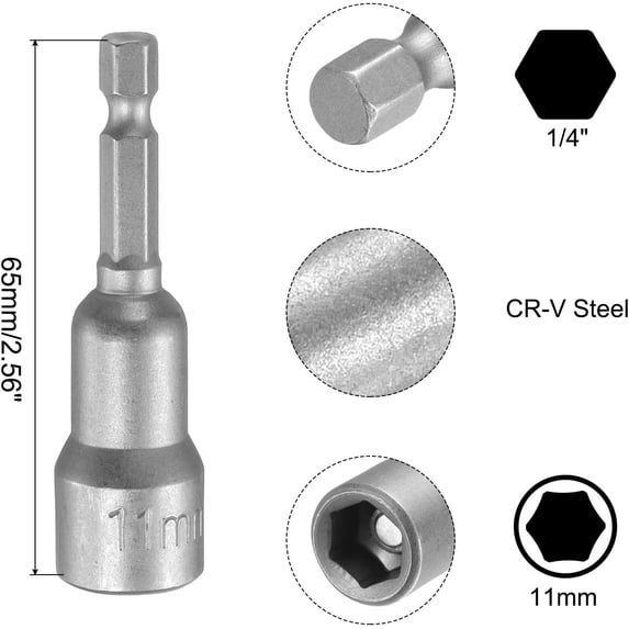 TYHREF-11mm Magnetic Hex Socket 65mm/2.56", 1/4" Hex Shank Magnetic ...