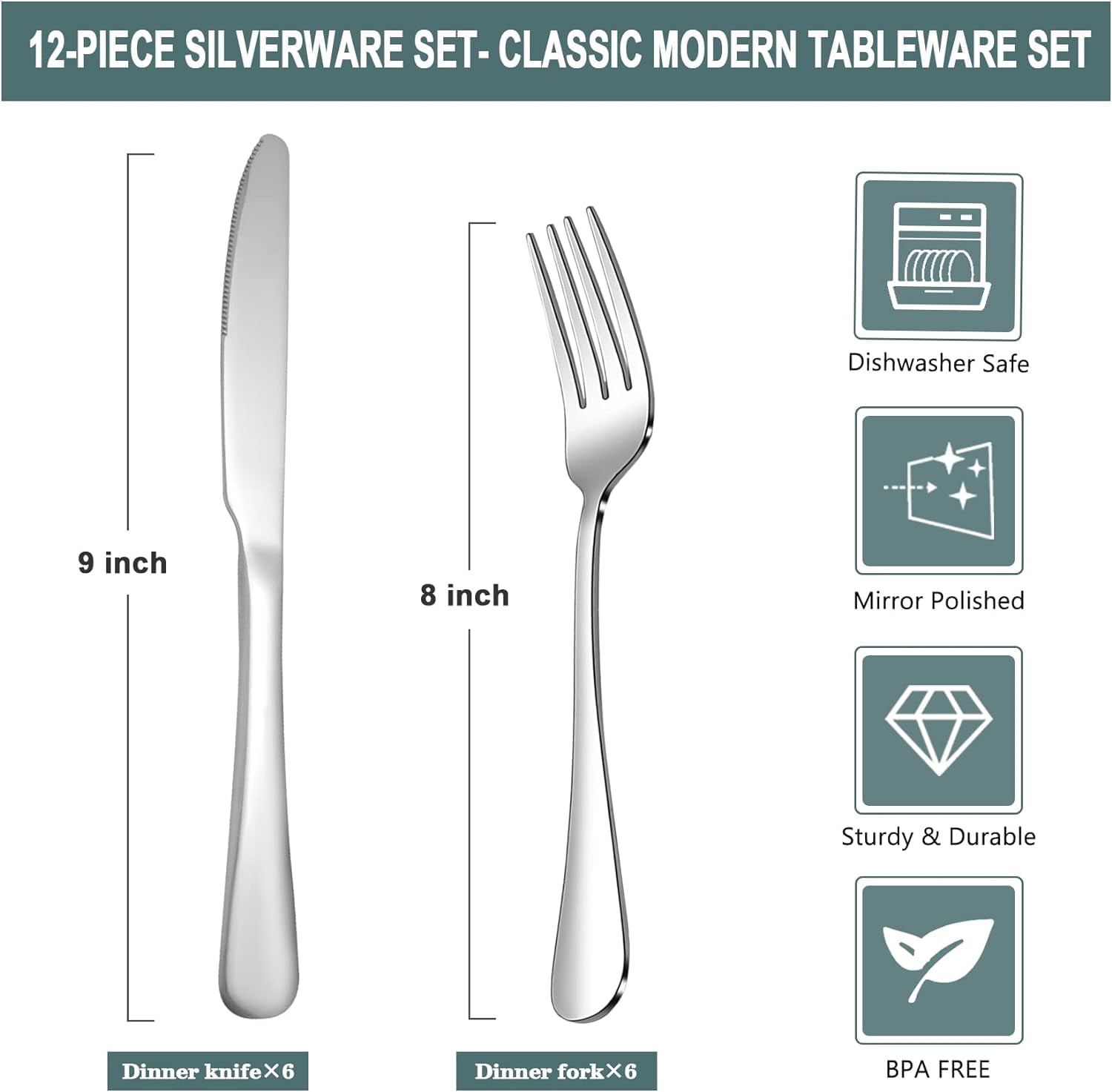 TYHREF-12 Piece Silverware Set with 6 Dinner Knives and 6 Dinner Forks ...