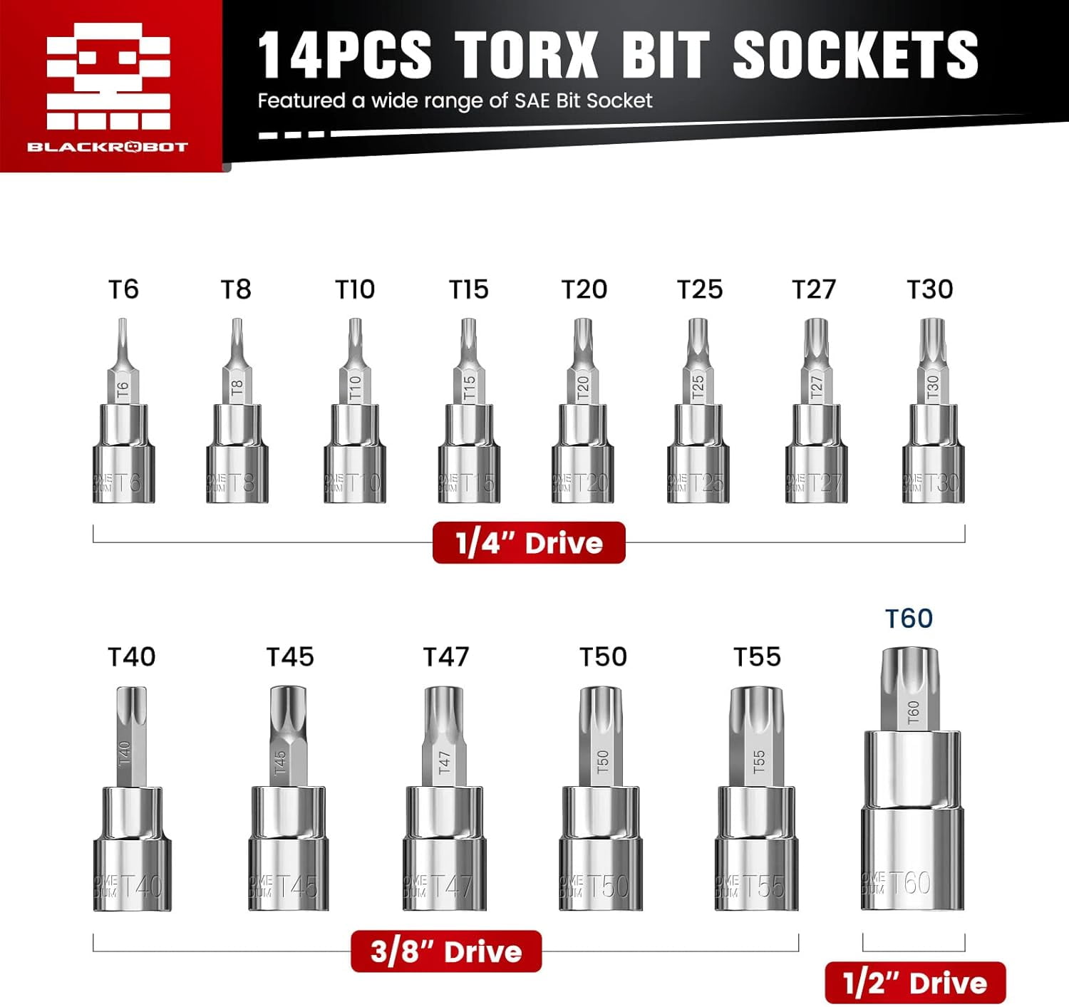 TYHREF-14-Piece Torx Bit Socket Set T6-T60, S2 and Cr-V Steel Star Bit ...