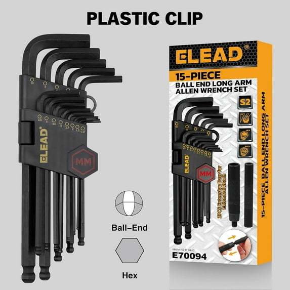 TYHREF-15-Piece Metric Hex Key Allen Wrench Set with Extension Bar, 1.27-10 MM, Long Arm Ball ...