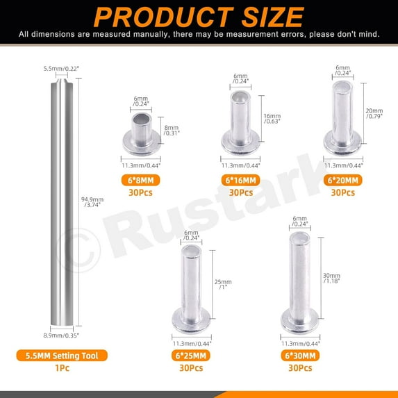 TYHREF-151Pcs 5 Sizes M6 Aluminum Flat Head Semi Tubular Rivets ...