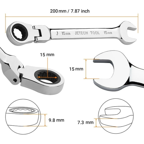 TYHREF-15mm Flexible Ratcheting Wrench, Industrial Grade Cr-V Steel, 12 ...