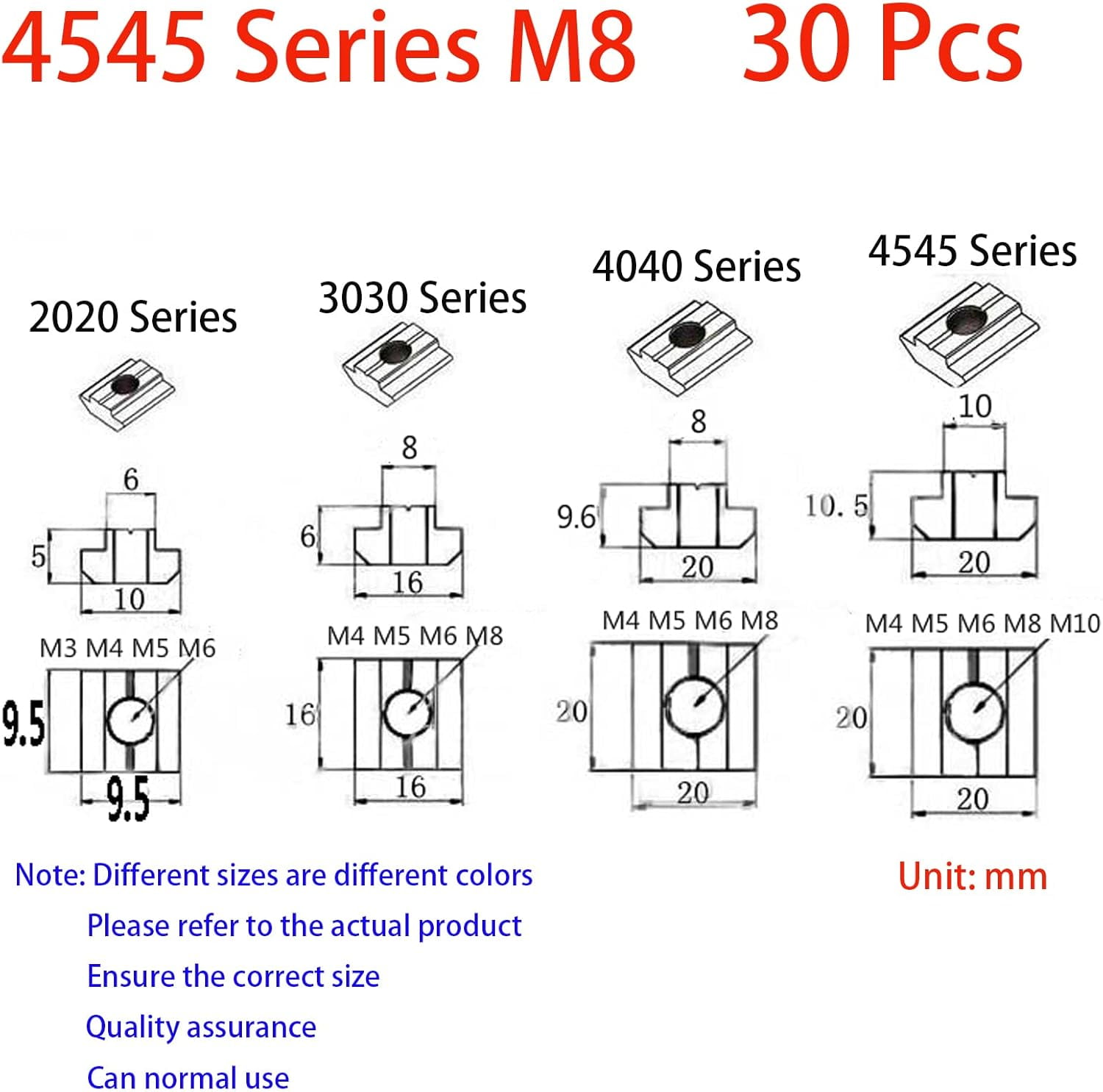 TYHREF-30Pcs 4545 Series T Sliding Nuts Hammer Nut Block Square Nuts M8 ...