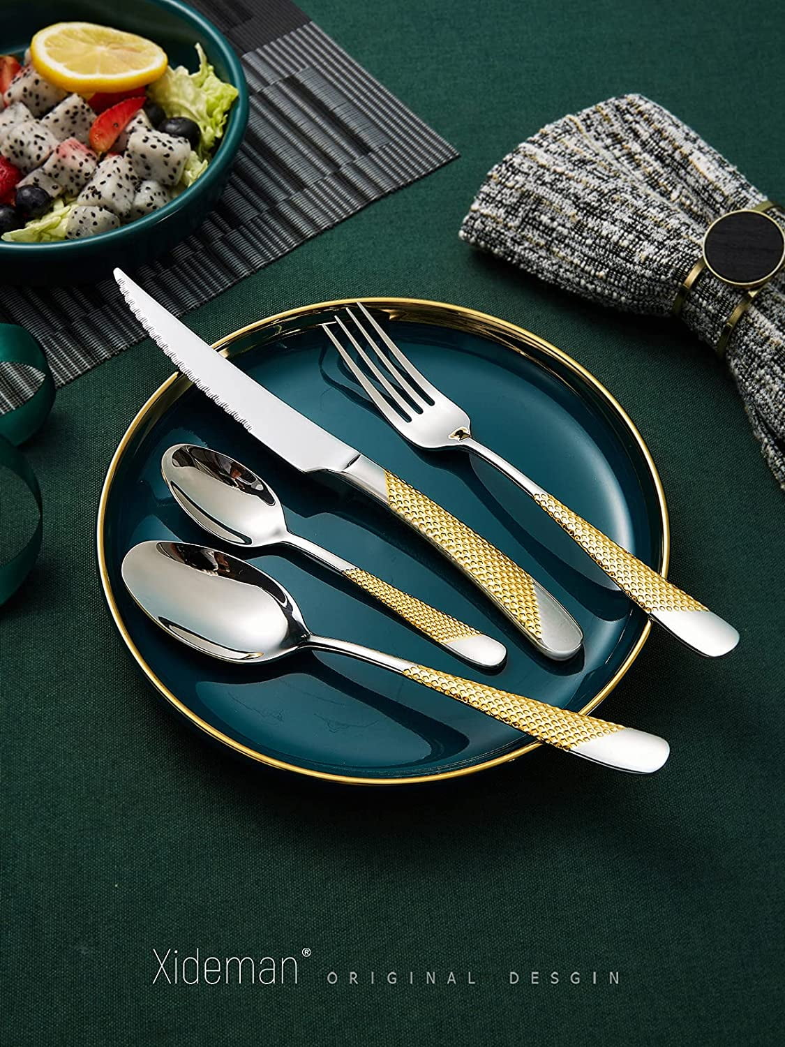 TYHREF-4-Piece Modern Hammered Silver Gold Silverware Set with Ultra ...