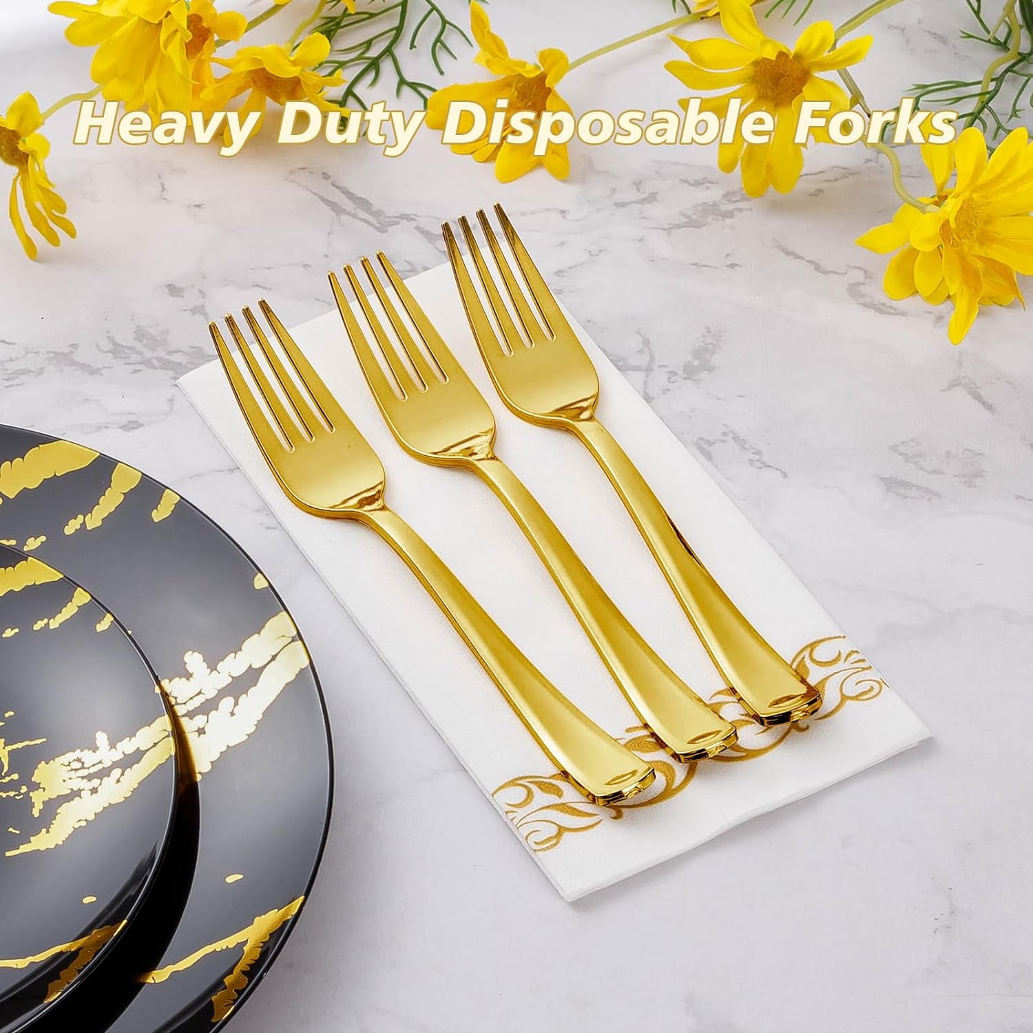TYHREF-50 Pack Gold Plastic Forks, Heavy Duty Forks Disposable, Plastic ...