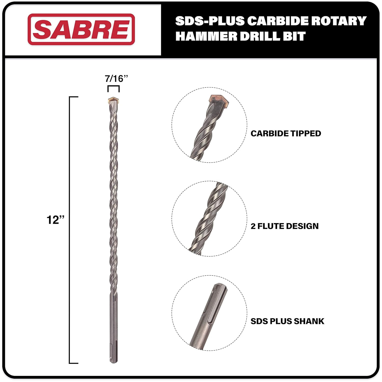 TYHREF-7/16 Inch x 12 Inch SDS Plus Rotary Hammer Drill Bit, Carbide ...