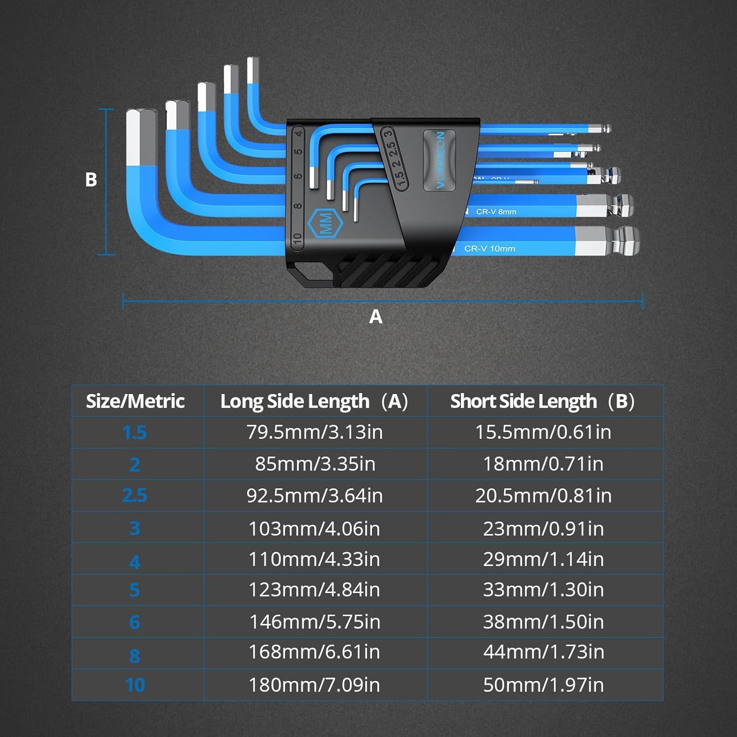 TYHREF-Allen Wrench Hex Key Set 1.5mm-10mm, 9PCS Metric Long Ball End ...