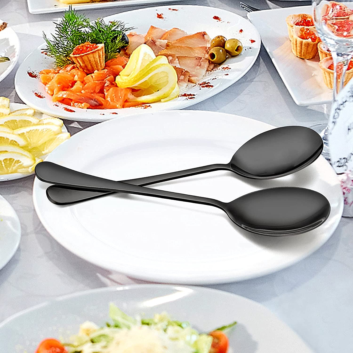 TYHREF-Black Serving Spoons Set of 6, 9.8 Inch Stainless Steel Large ...