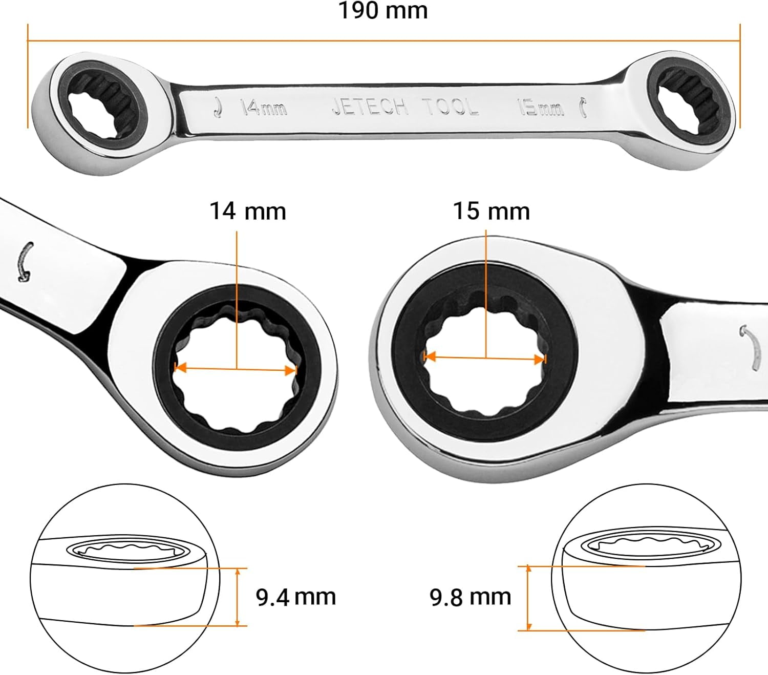 TYHREF-Double Box End Ratcheting Wrench 14mm x 15mm - Metric 72 Tooth ...