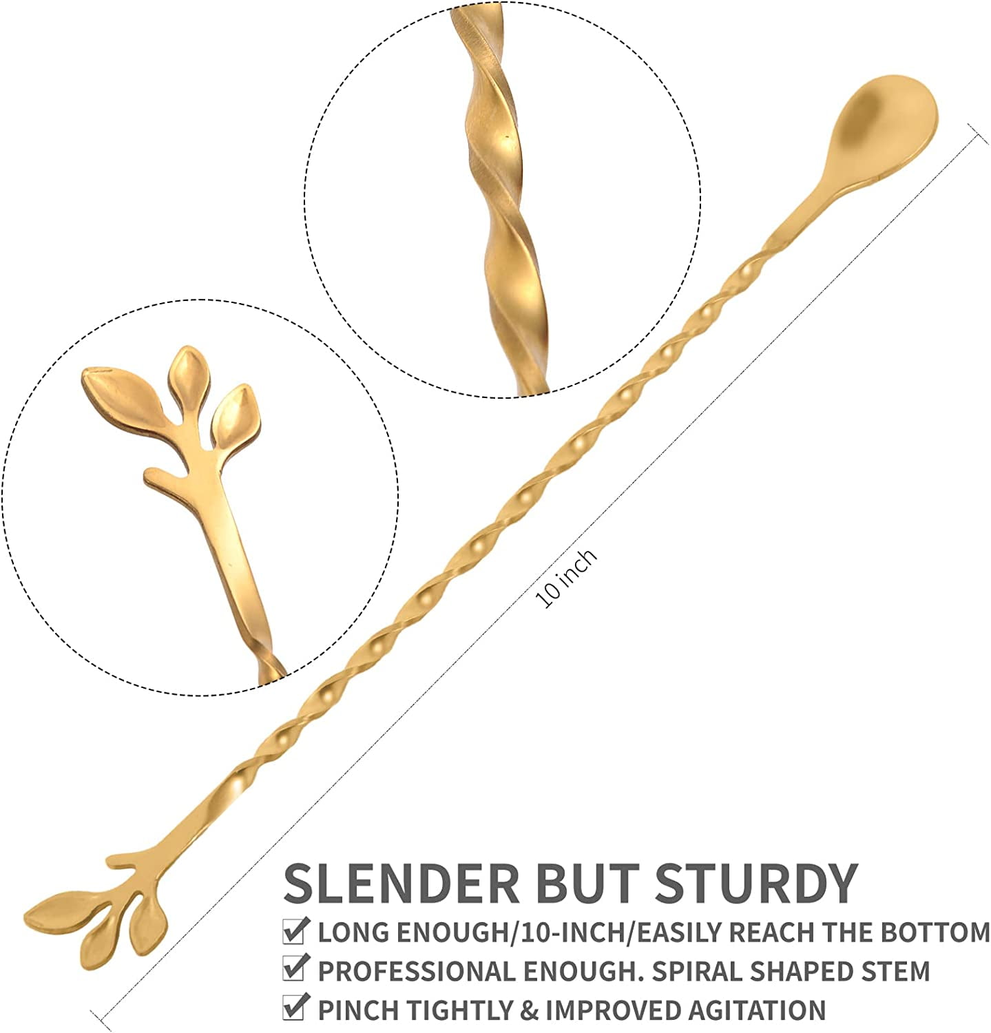 TYHREF-Gold 10-Inch Stainless Steel Cocktail Spoon with Leaf Handle ...