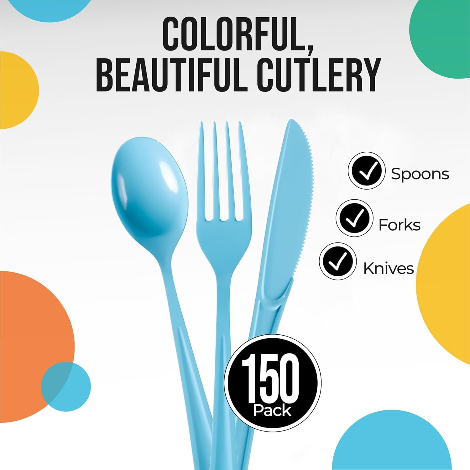TYHREF-Party Solids Light Blue Plastic Silverware Heavy Duty 150 Pieces ...