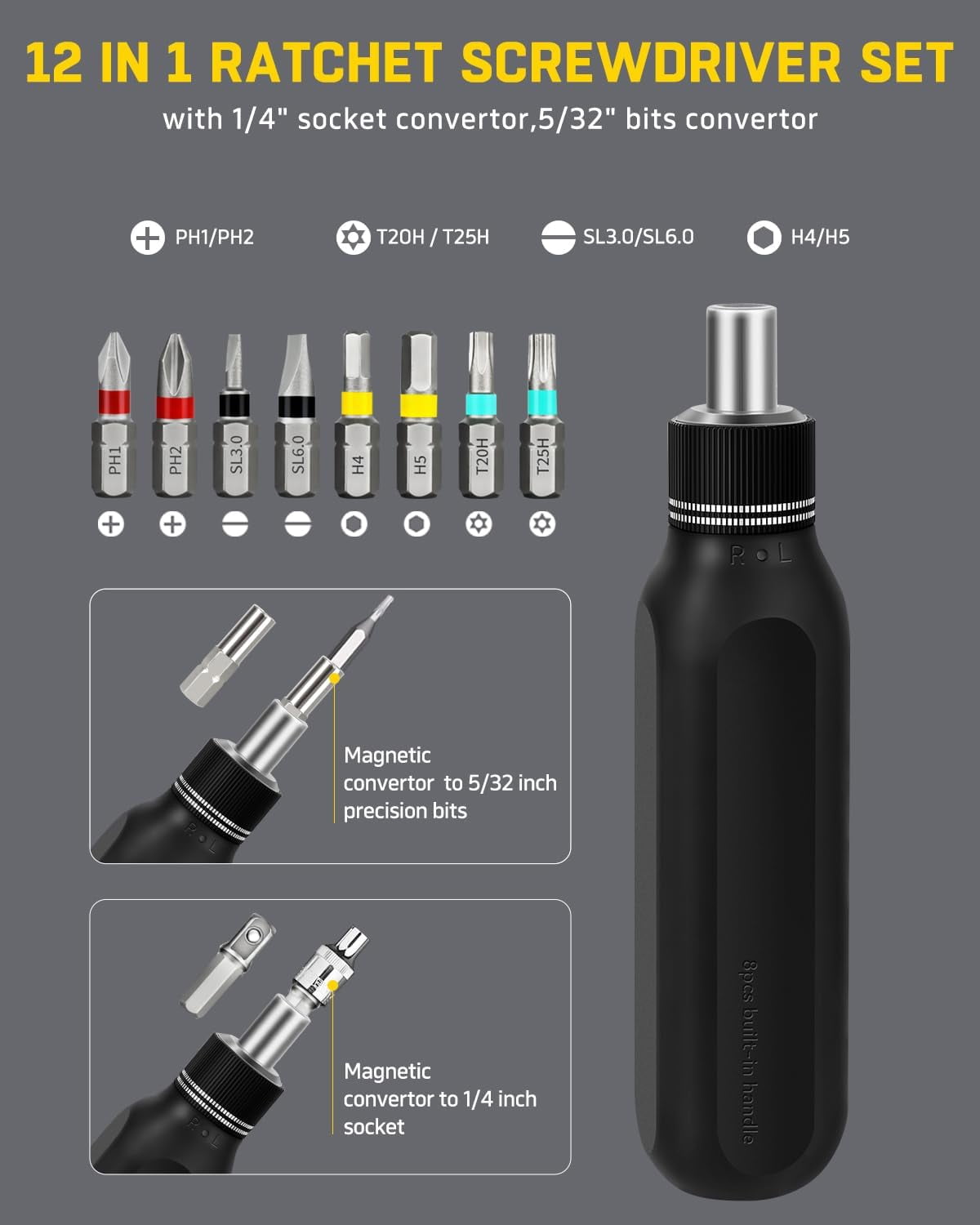 TYHREF-Ratchet Screwdriver Set, 12 in 1 Magnetic Screwdriver Set with ...