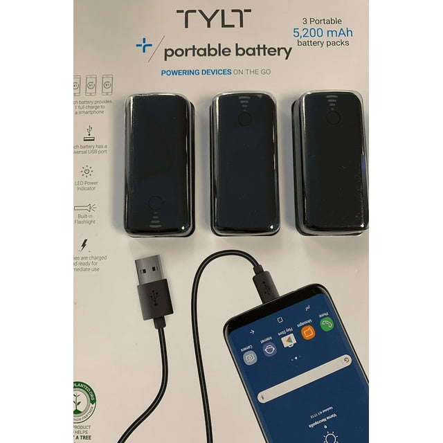 TYLT High Capacity 5200mAh 3-Pack Power Bank, Portable Charger Pack with Built-in Light for ...