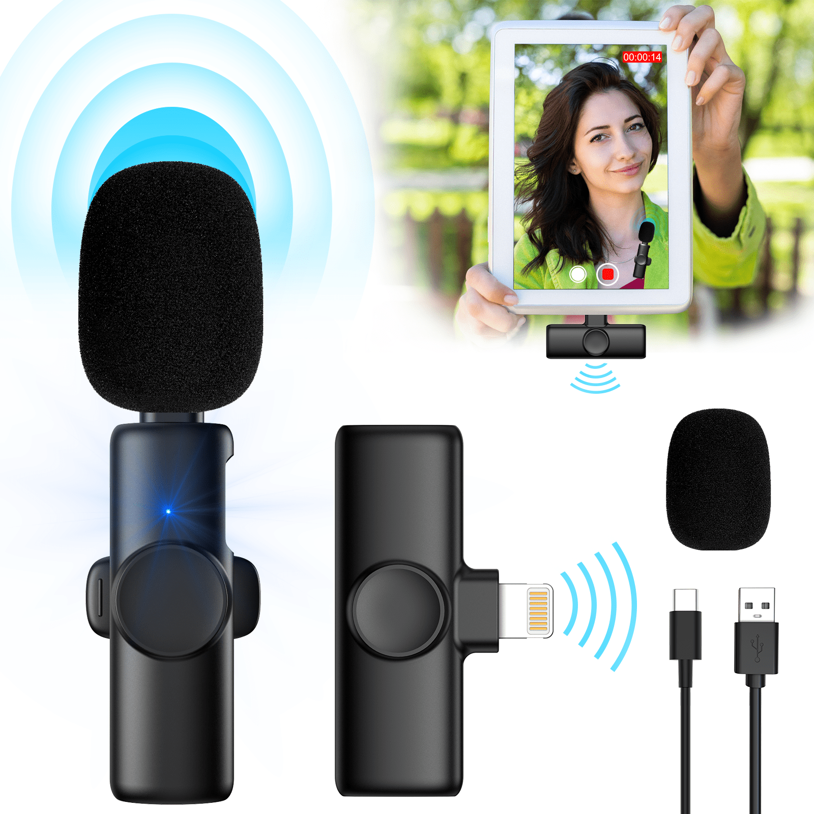 TYNLED Wireless Lavalier Microphone for iPhone & iPad, Plug-Play Mini ...