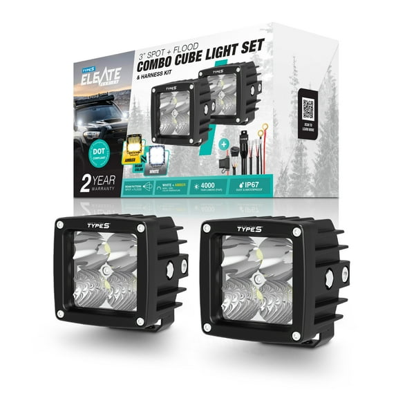 TYPE S - Elevate 3 Inch Spot + Flood Combo Beam Cube Pod Light Set and Harness Kit - DOT ...