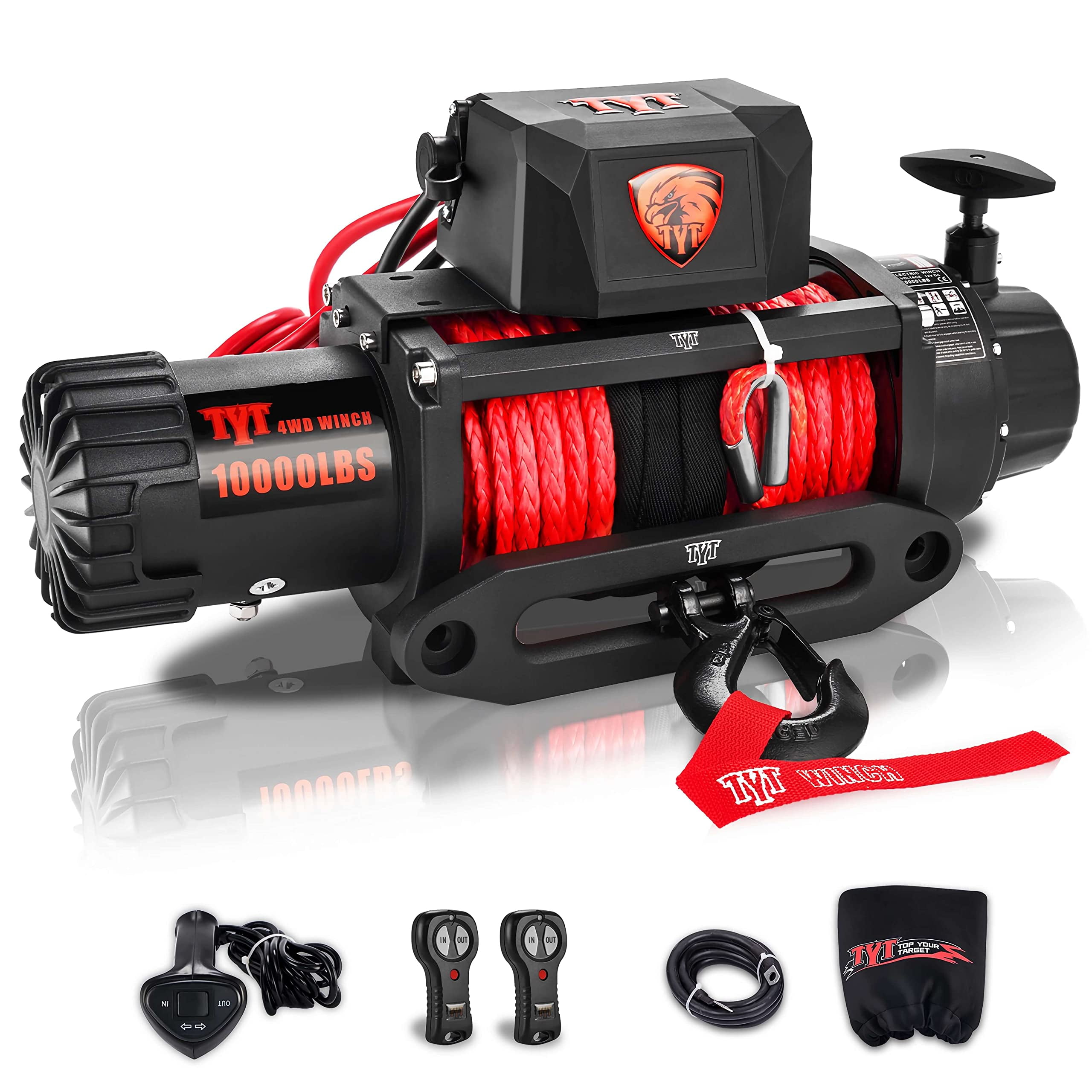 TYT 10000 lb Electric Winch Kits, 12V Winch with Red Synthetic Winch ...
