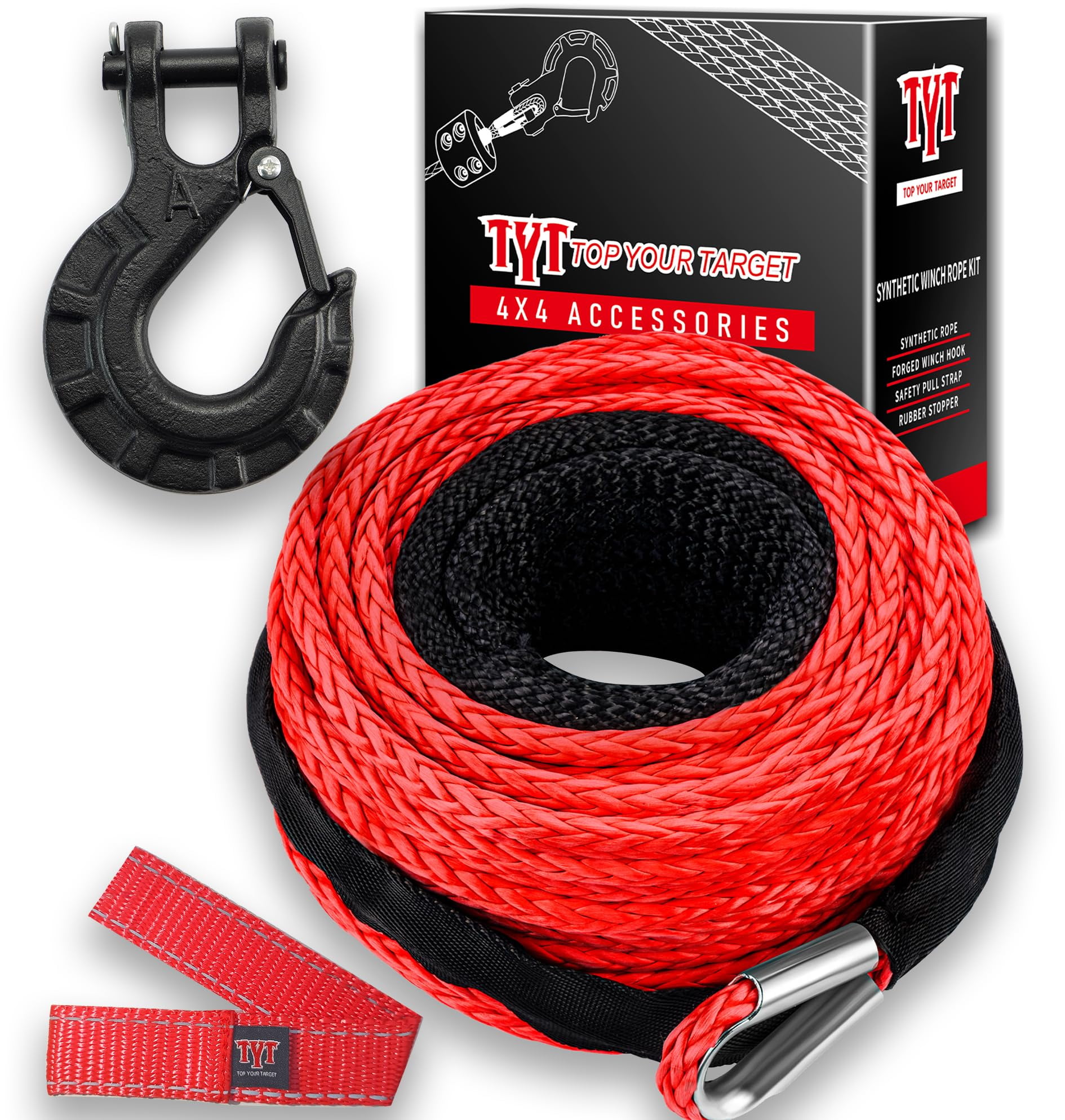 TYT 3/8" x 92 ft Synthetic Winch Rope with Hook, 27000LBS Synthentic ...