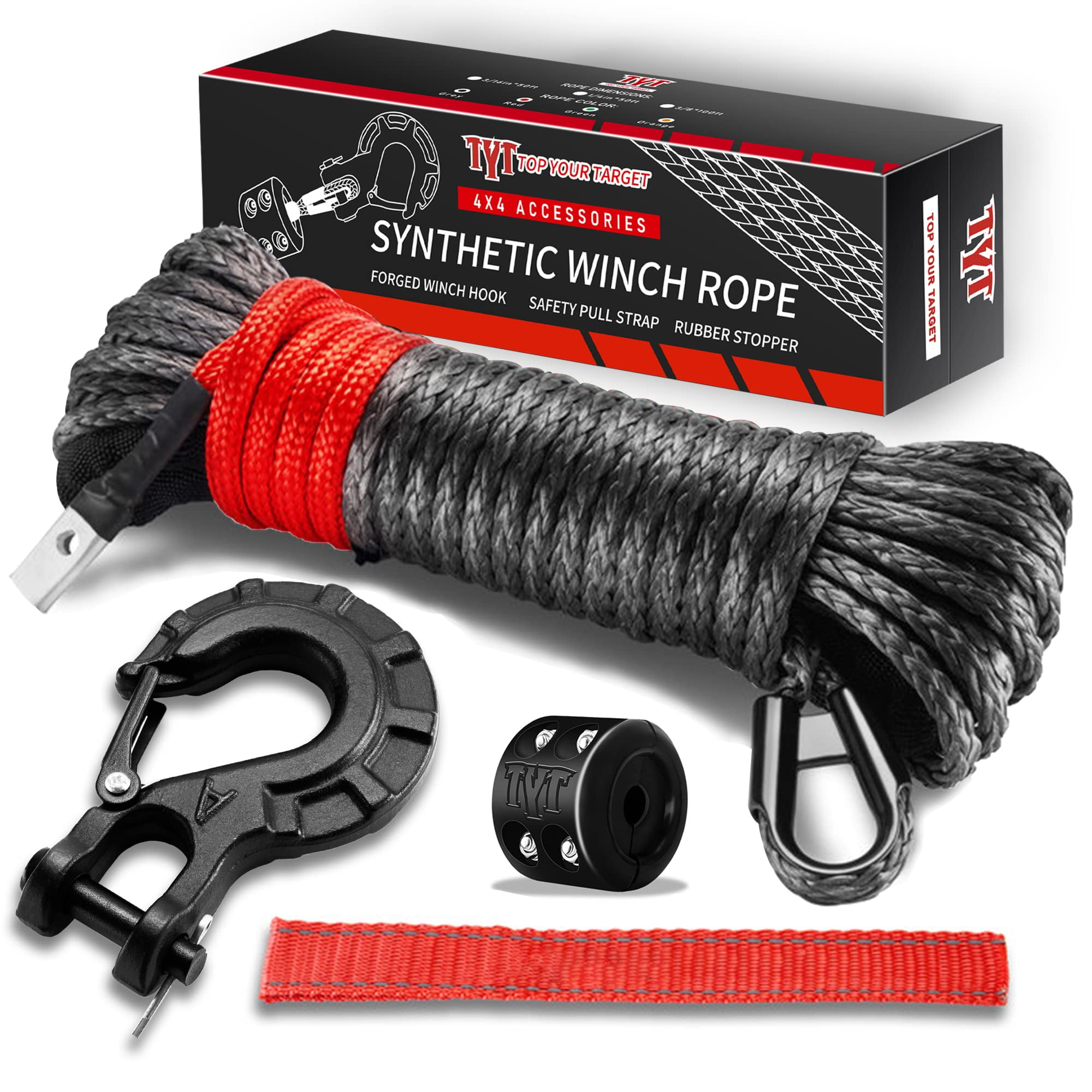 TYT Off-Road Winch Rope Kit - 3/16" x 50', 8500 Lbs - Black Synthetic Winch Cable with ...