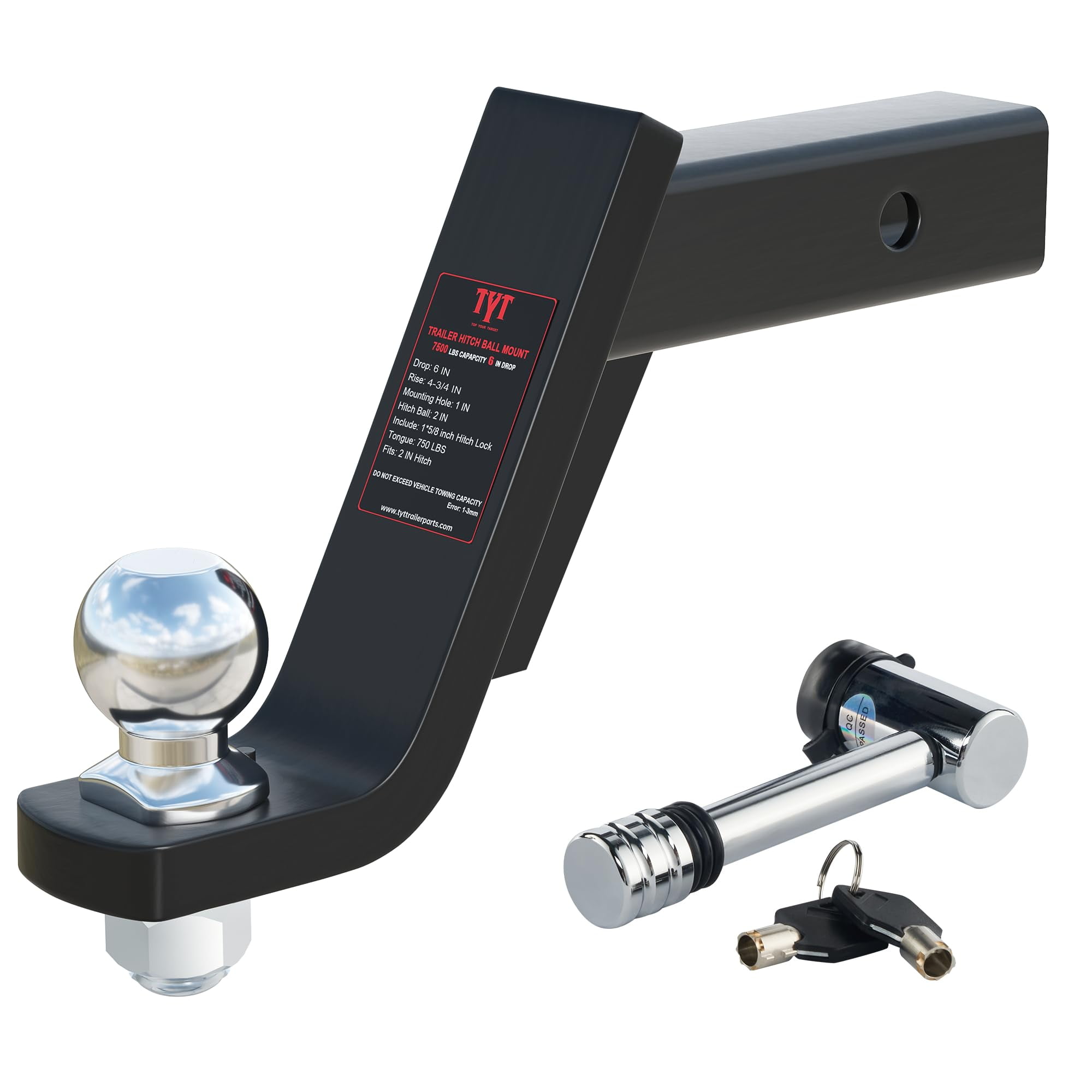 TYT Trailer Hitch Mount with 2" Chrome Ball&Lock, Fits 2-in Receiver ...