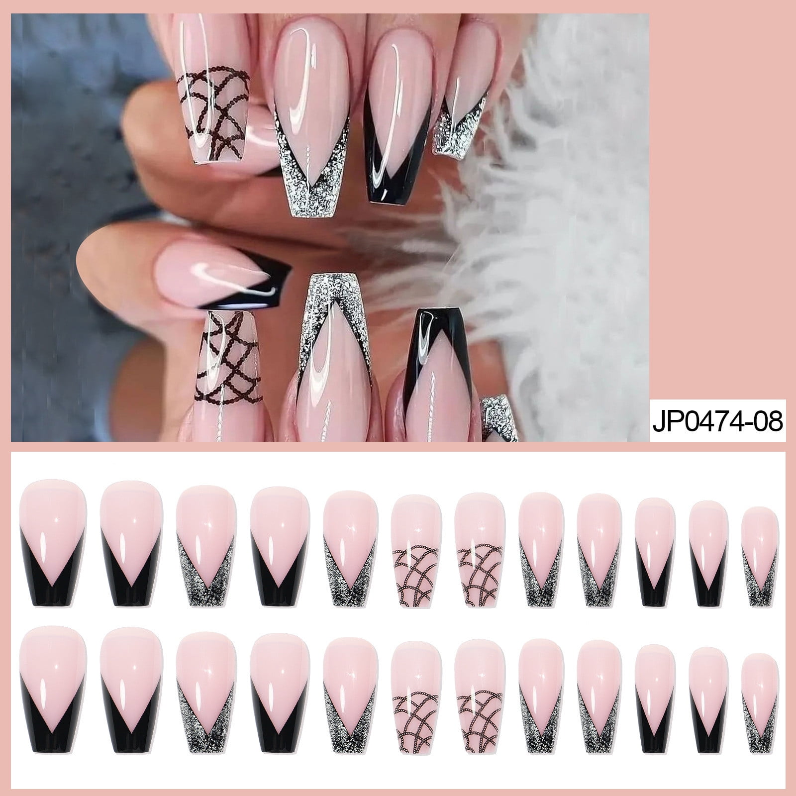 TYTSPEASY 24 Piece French Pattern Wearing Nail Black And False Nails ...