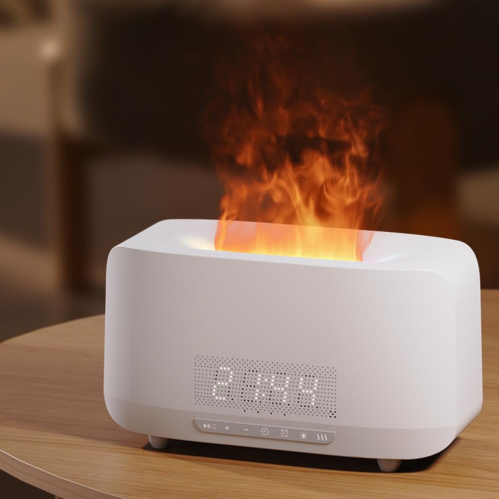 TYUAN 5 in 1 Colorful Flame Diffuser Humidifier Bluetooth Speaker Alarm and Clock 400ml ...
